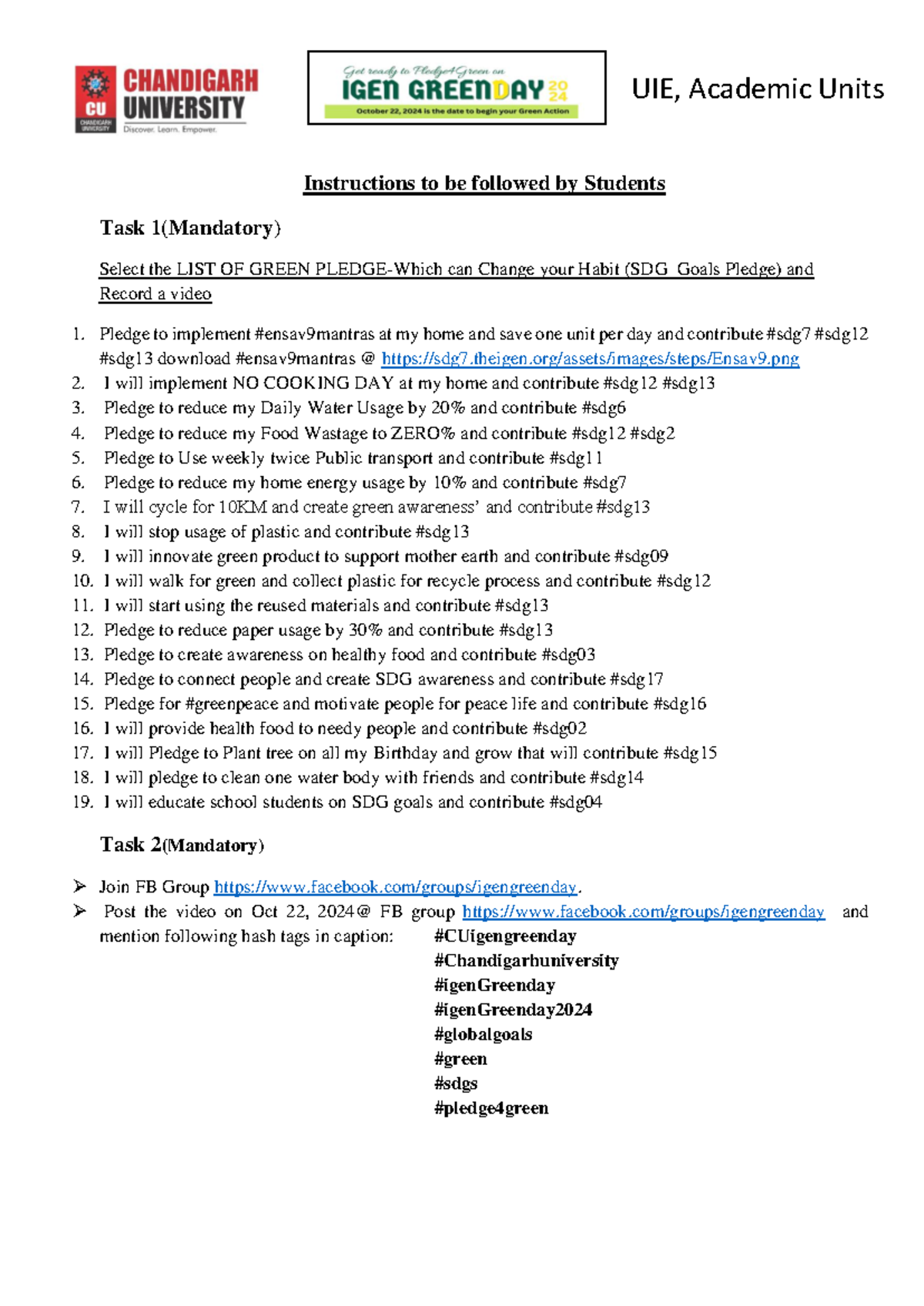 Student Task IGEN Green Day - UIE, Academic Units Instructions to be ...