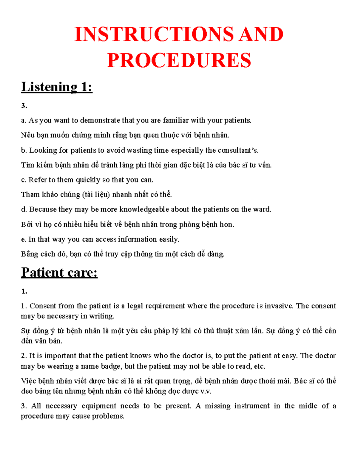 Unit 3 - rhh - INSTRUCTIONS AND PROCEDURES Listening 1: 3. a. As you ...