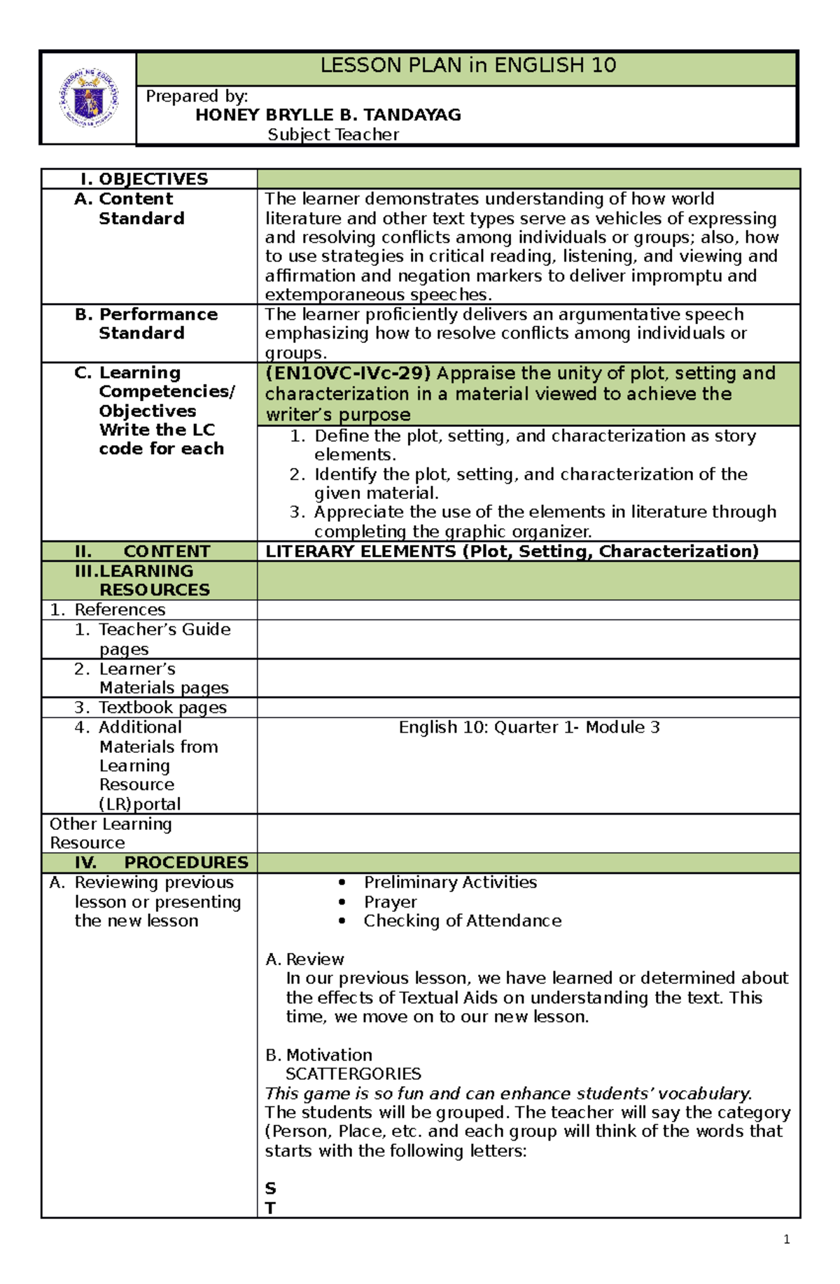 COT 1 - shajjdjbsa - LESSON PLAN in ENGLISH 10 Prepared by: HONEY ...