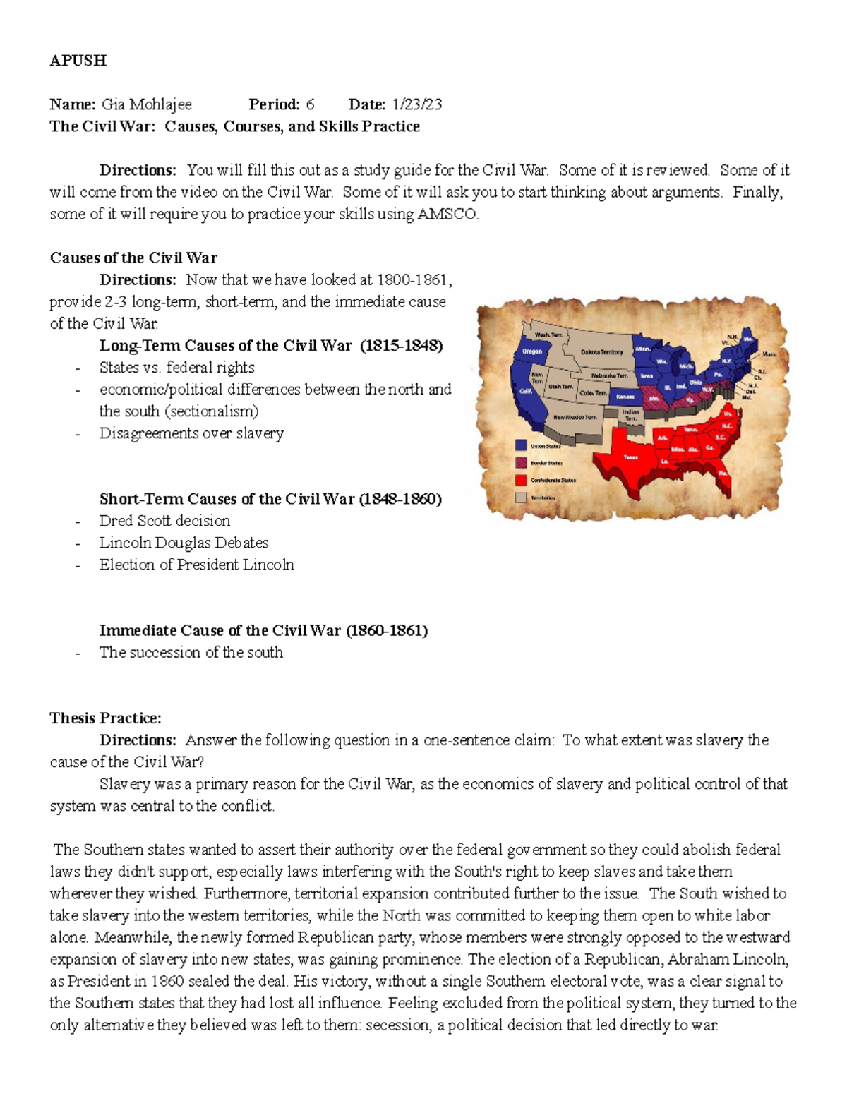 The Civil War - Causes, Courses, and Skills Practice - Gia Mohlajee ...