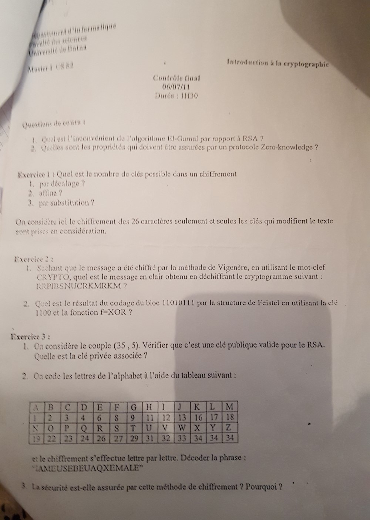 Examen cryptographie - Sécurité et Cryptographie Appliquée - Studocu