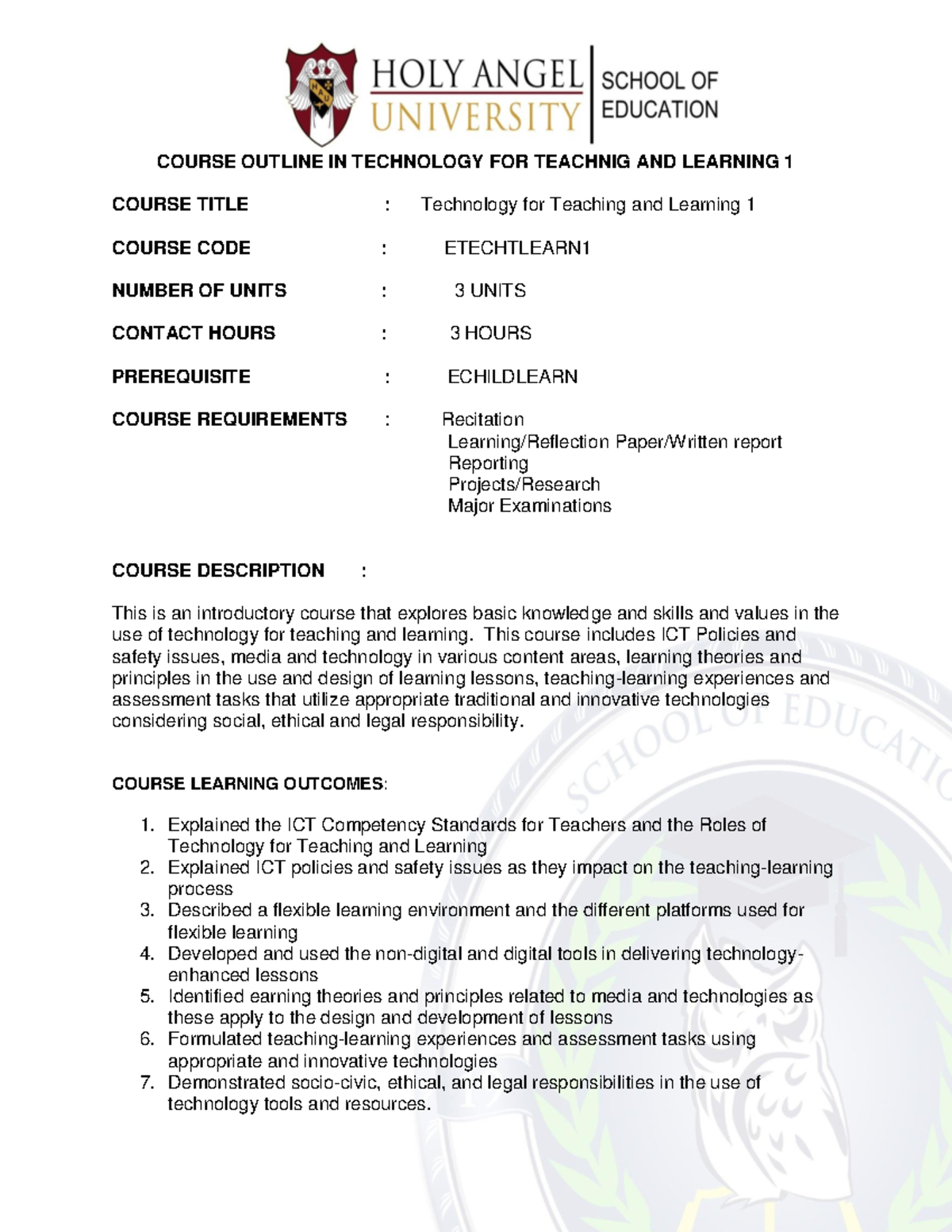 Etechtlearn 1 - Lecture notes 1-2 - COURSE OUTLINE IN TECHNOLOGY FOR ...