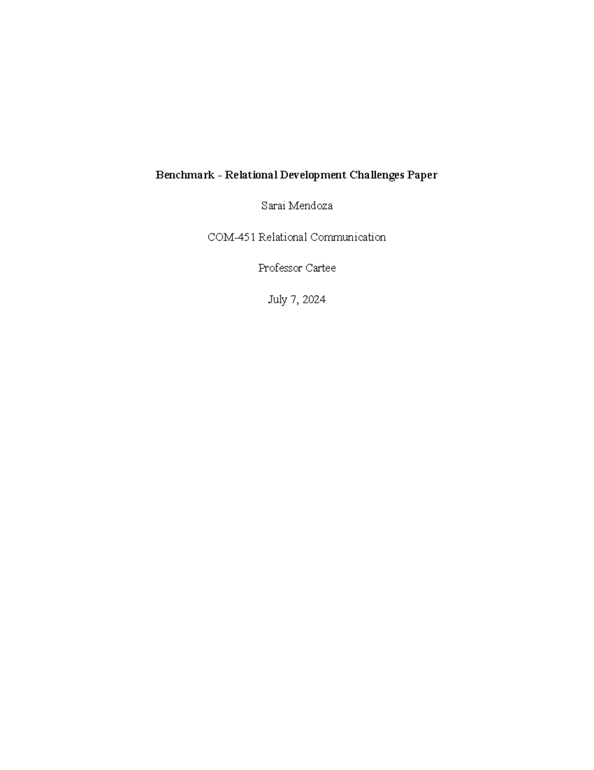 Benchmark Com 451 Benchmark Relational Development Challenges Paper Sarai Mendoza Com 451