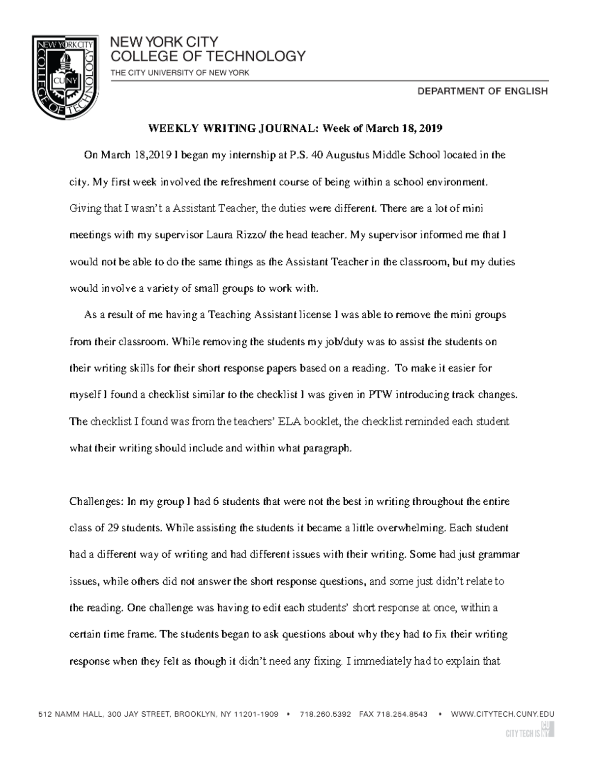 Weekly Writing Journal-1-1 - WEEKLY WRITING JOURNAL: Week of March 18 ...