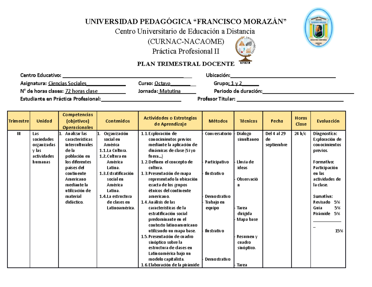 Planes Trimestrales Octavo Grado Ejemplo 2019 - UNIVERSIDAD PEDAGÓGICA ...
