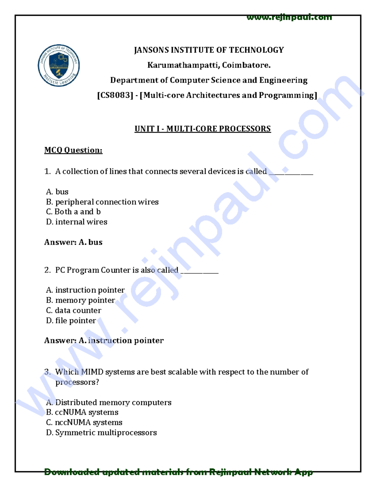 CS8083 MCAP - MCQ - JANSONS INSTITUTE OF TECHNOLOGY Karumathampatti, Coimbatore. Department of ...