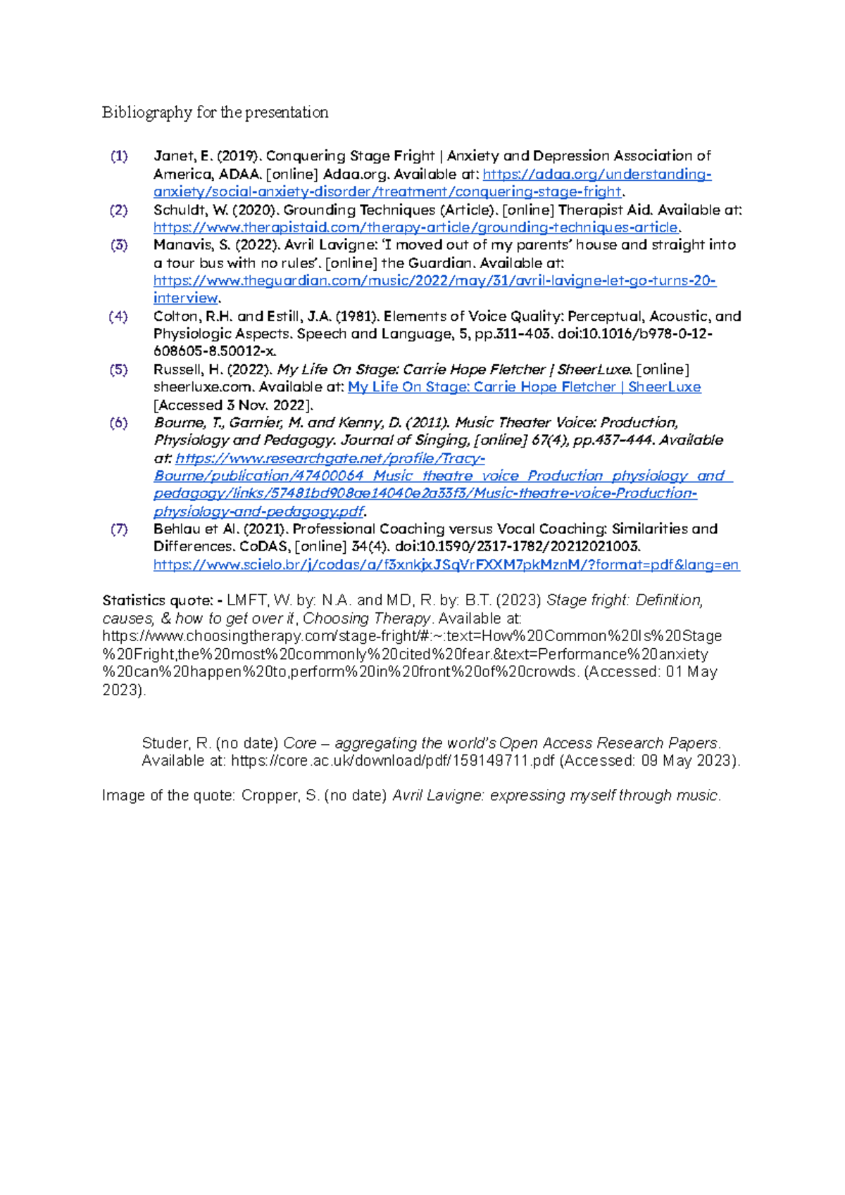 Bibliography for the presentation - (2019). Conquering Stage Fright ...