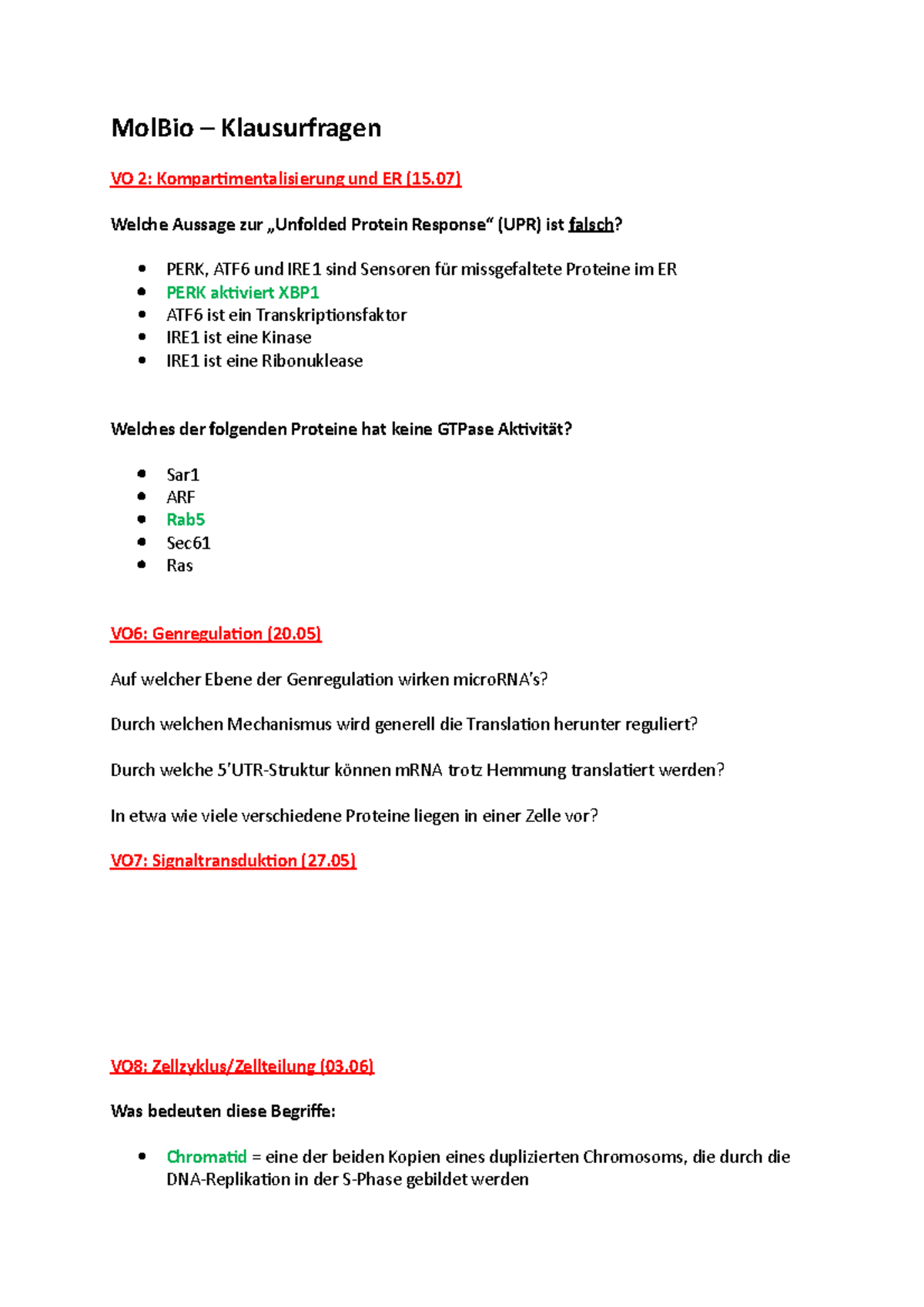 Klausur 23 Juli, Fragen und Antworten - MolBio Klausurfragen VO 2: Kompartimentalisierung und ER ...
