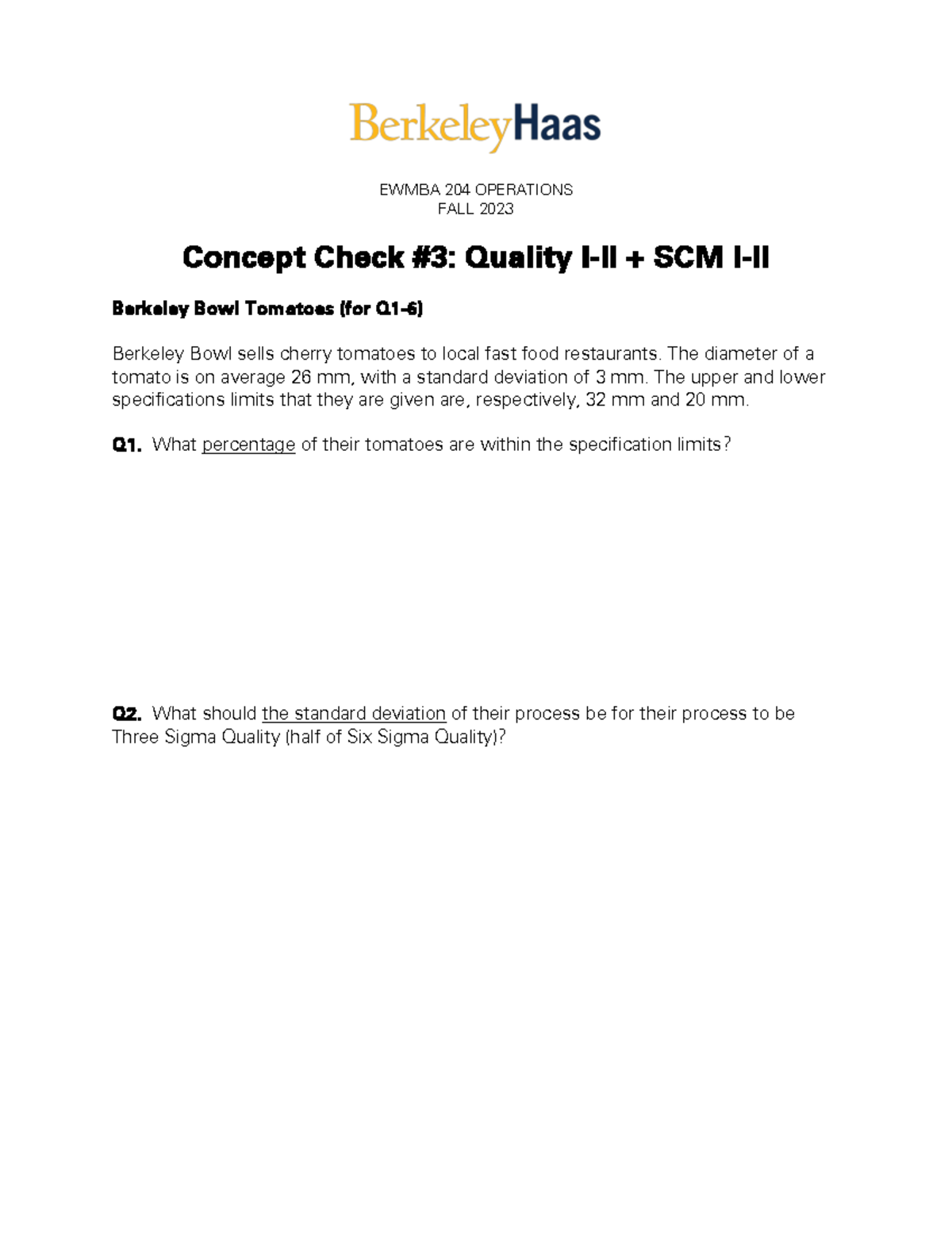 CC3 - Fall 2023 - EWMBA 204 OPERATIONS FALL 2023 Concept Check # 3 ...