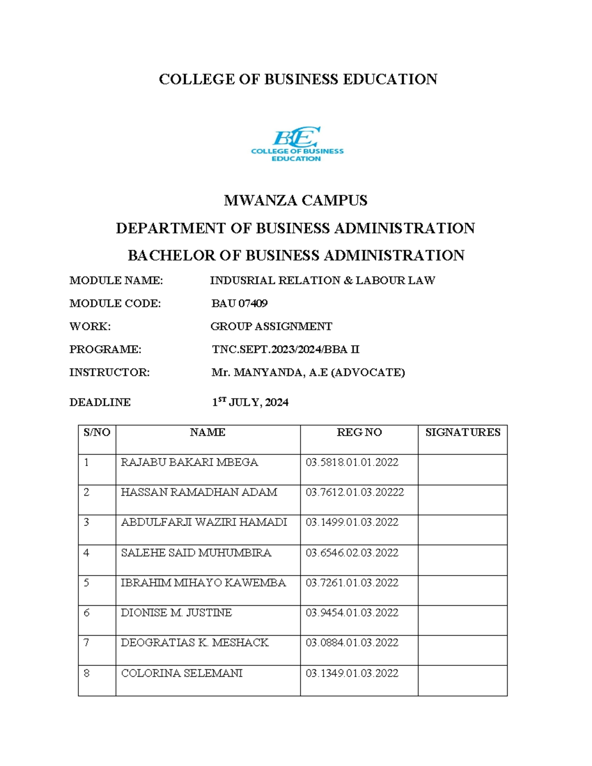 BBA II - Quiz - COLLEGE OF BUSINESS EDUCATION MWANZA CAMPUS DEPARTMENT ...