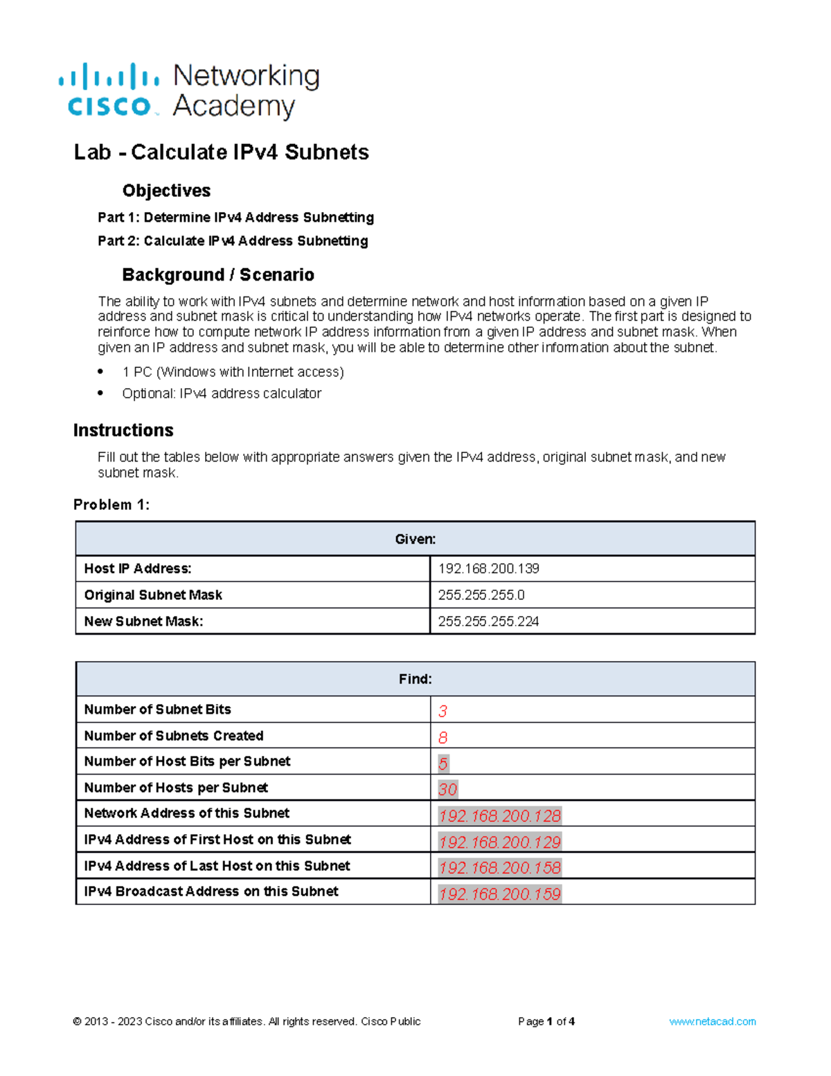 11 6 6 Lab Calculate Ipv4 Subnets Objectives Part 1 Determine Ipv4