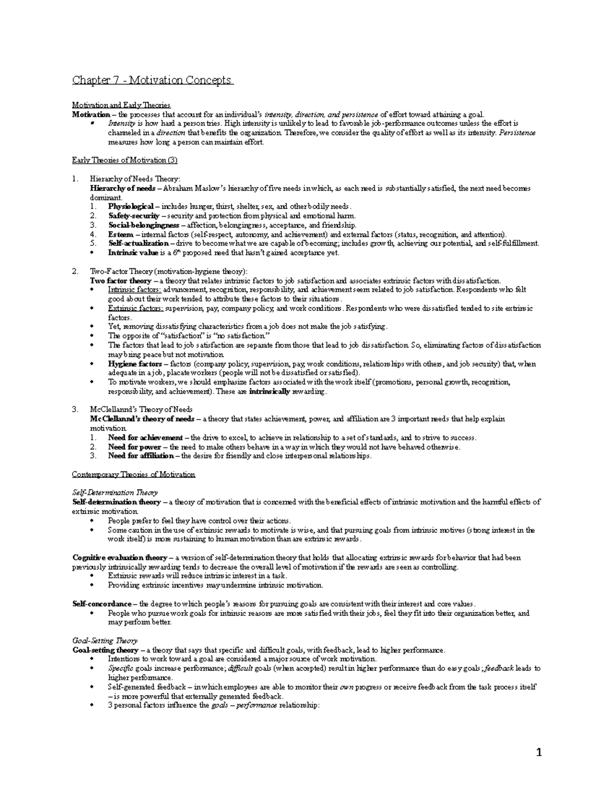 Chapter 7 Study Guide - Chapter 7 - Motivation Concepts Motivation and ...
