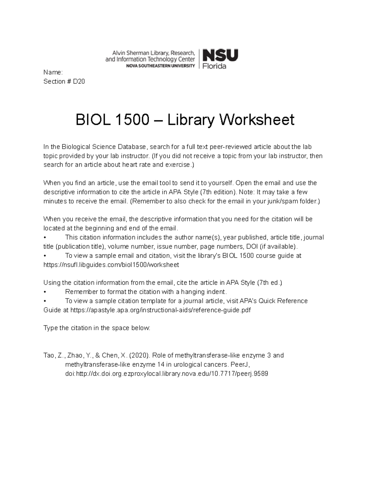 BIOL 1500 Library Worksheet - Name: Section # D BIOL 1500 – Library ...