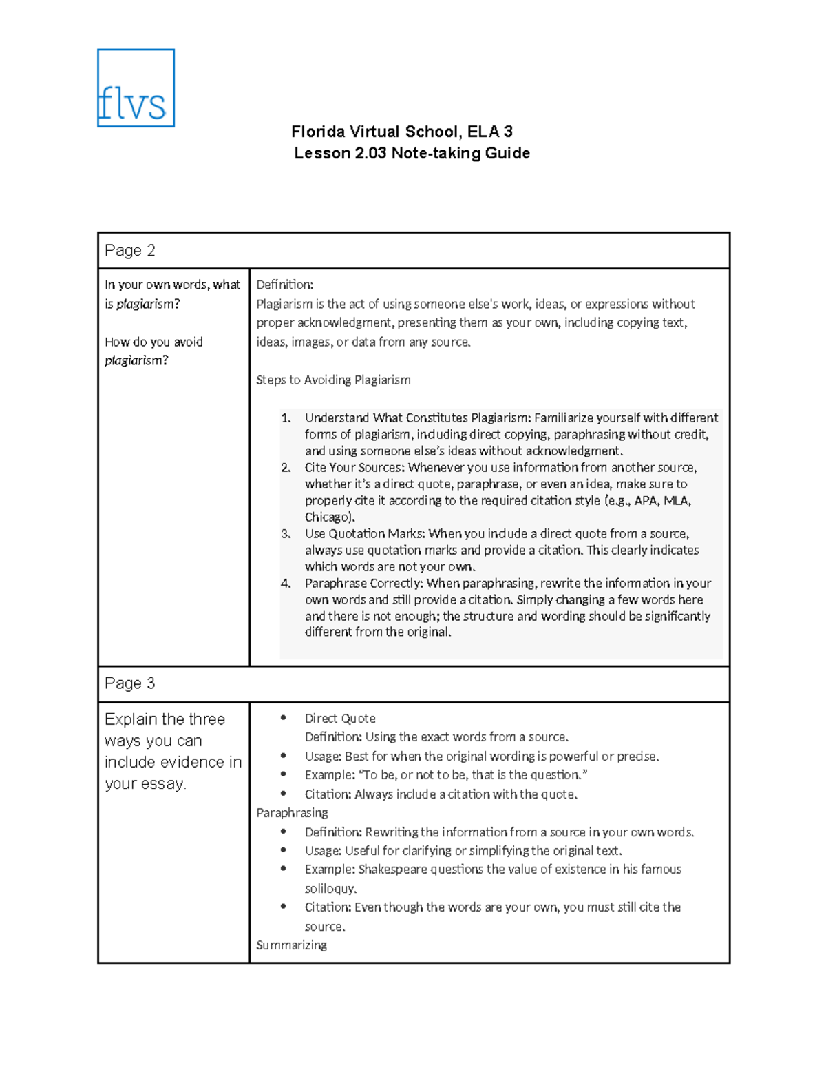 V25Lesson 203Notetaking Guide - Florida Virtual School, ELA 3 Lesson 2 ...