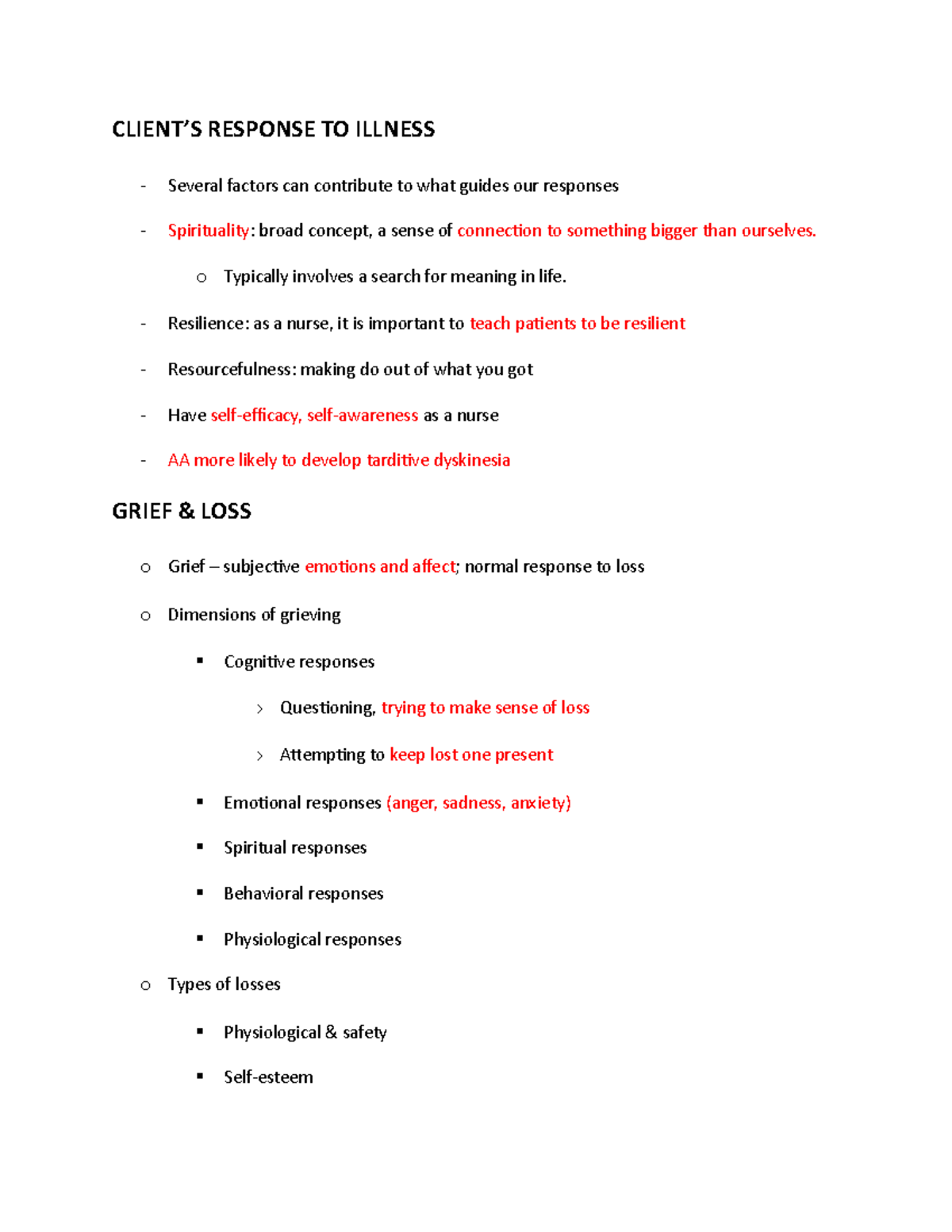 Mental Health EXAM 2 notes - CLIENT’S RESPONSE TO ILLNESS Several ...