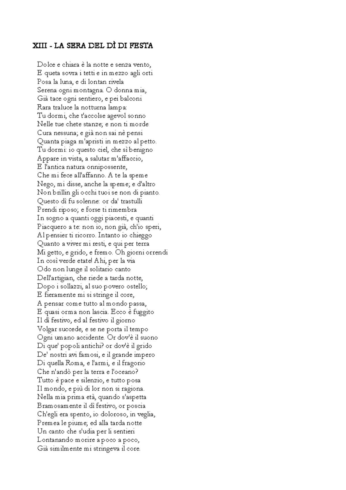 Leopardi la sera del dc3ac di festa - XIII - LA SERA DEL DÌ DI FESTA ...