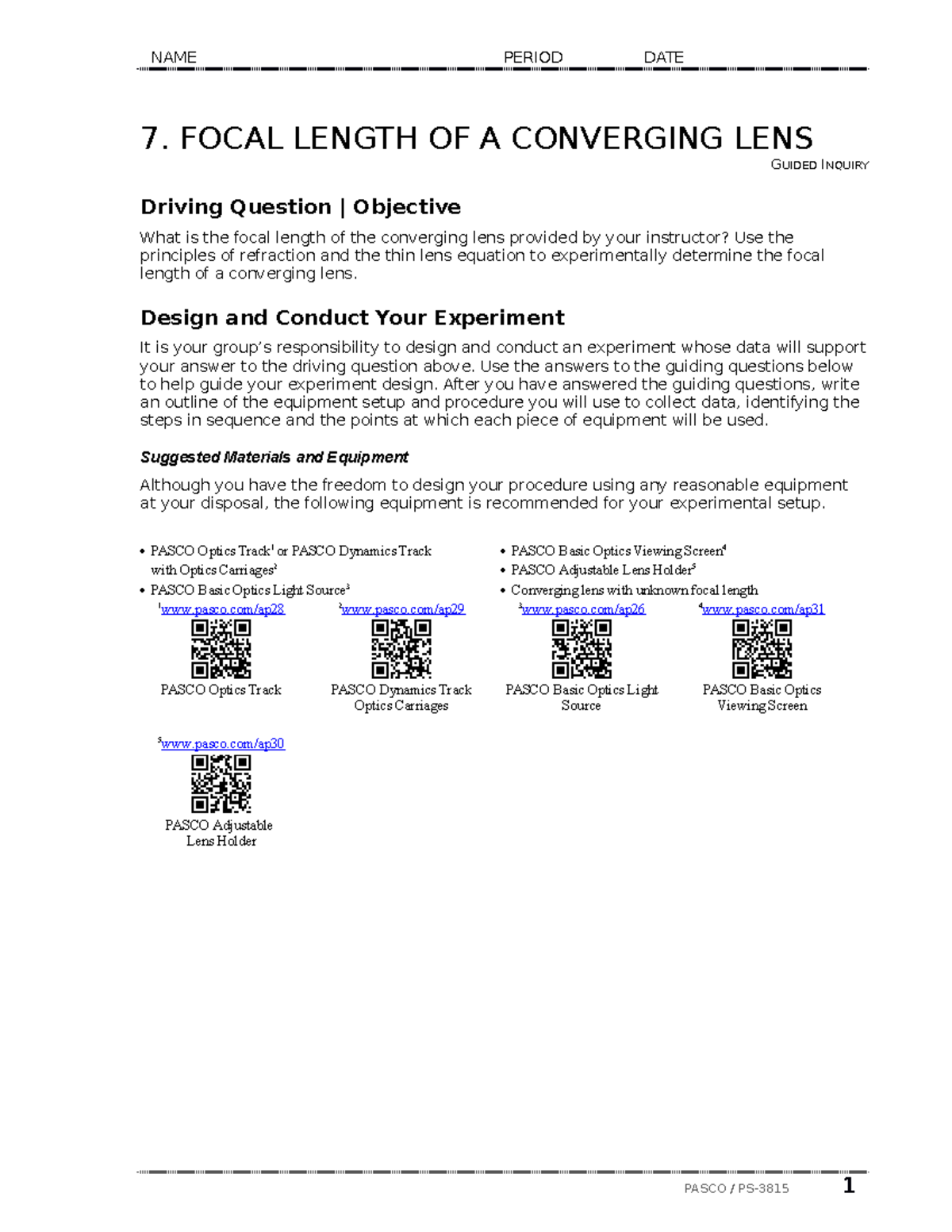 07 AP2 Focal Length of a Converging Lens GI - NAME PERIOD DATE 7. FOCAL ...