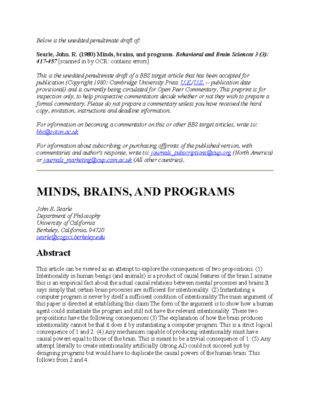 Searle Minds Brains Programs full - Below is the unedited penultimate draft of: Searle, John. R ...