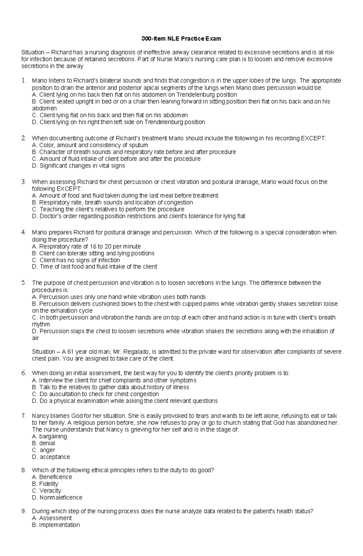 NLE review exams - 300-Item NLE Practice Exam Situation – Richard has a ...