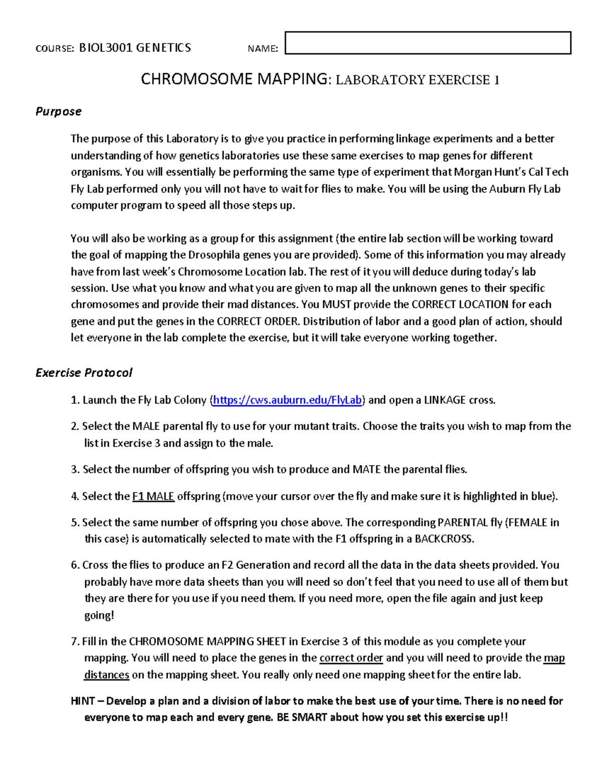 Chromosome Mapping Exercise 1 DATA Sheet - COURSE: BIOL3001 GENETICS ...