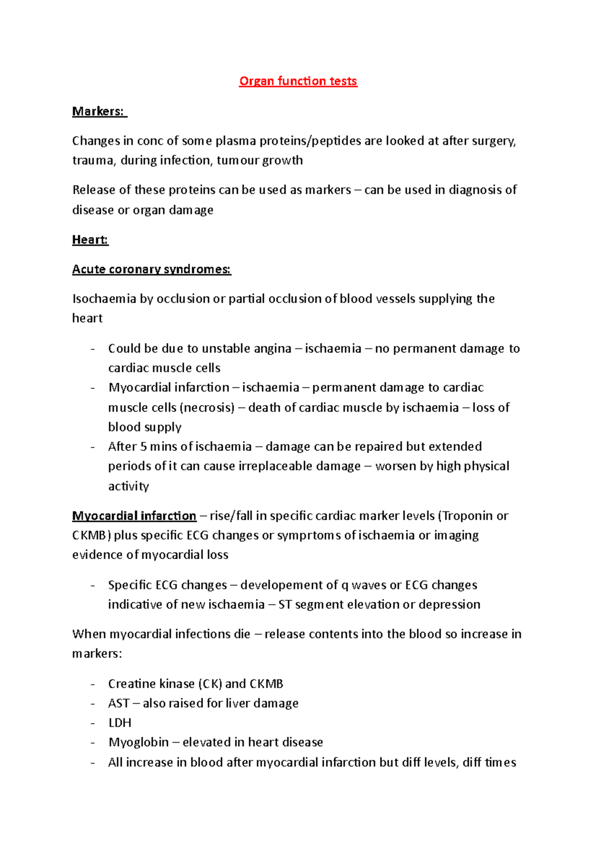 Heart function tests - Lecture notes 2 - Organ function tests Markers ...