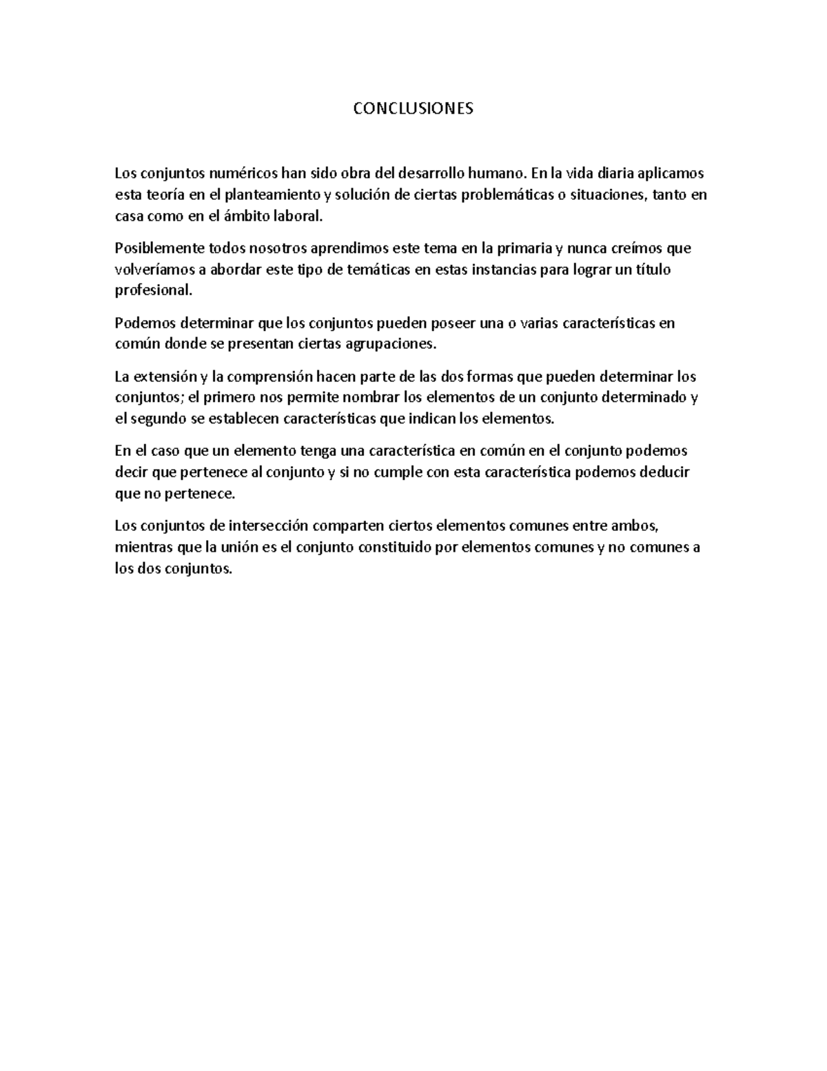 Conclusiones matematicas - CONCLUSIONES Los conjuntos numéricos han ...