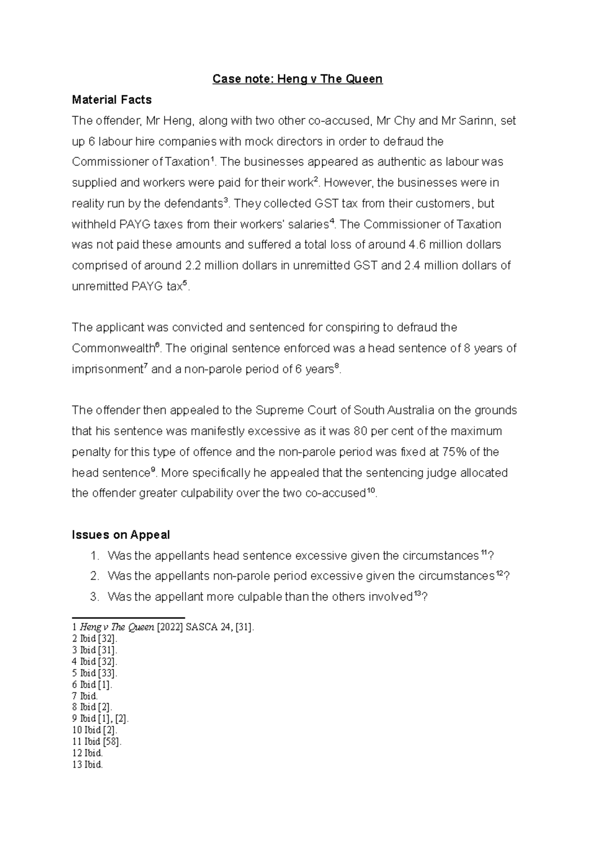 Case Note Assignment Assessment Case Note Heng V The Queen 1575
