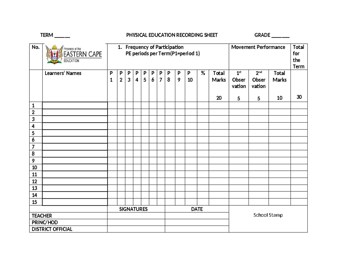 Physical Educ Recording Sheet Grade 4-9 - TERM ______ PHYSICAL ...