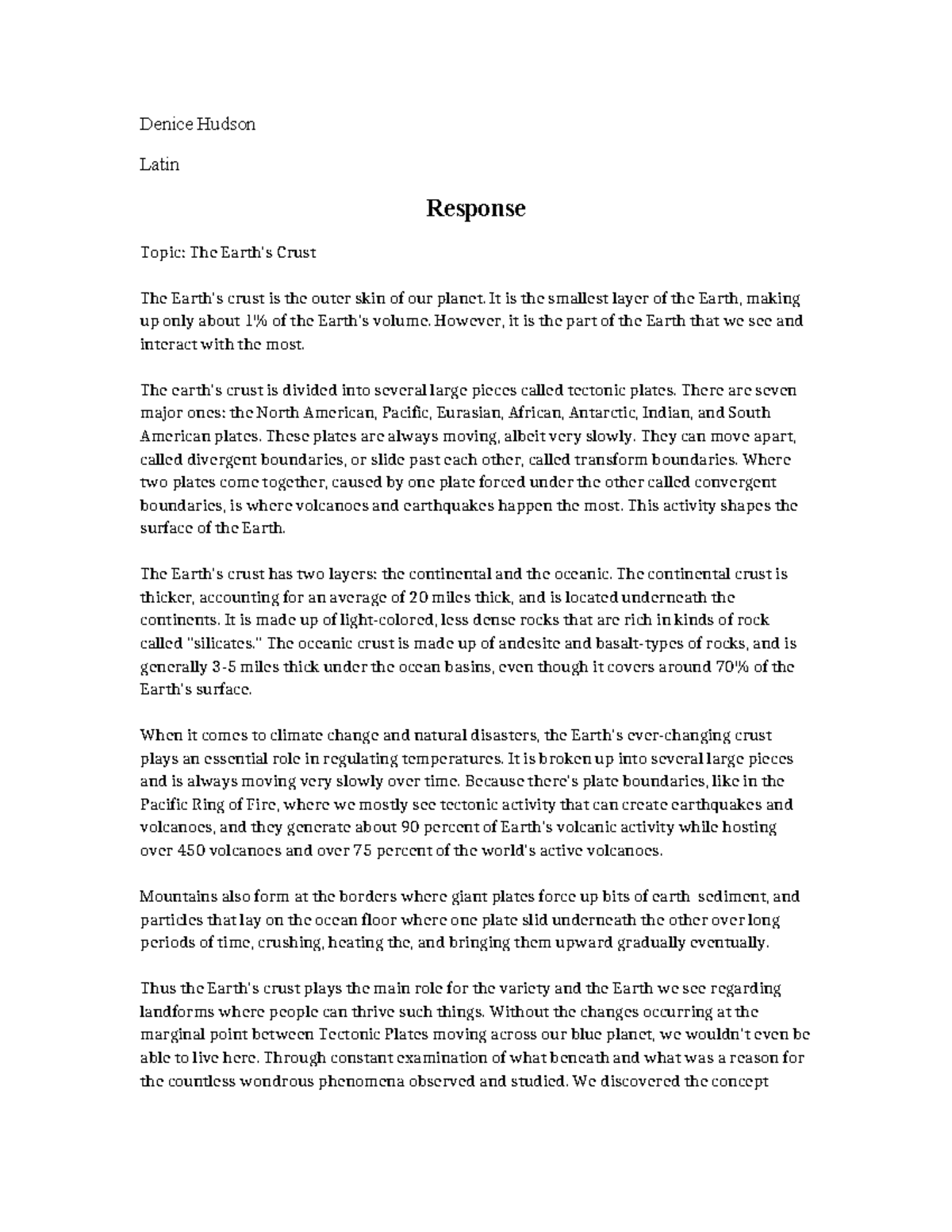Earth Science 2 Response - Denice Hudson Latin Response Topic: The ...