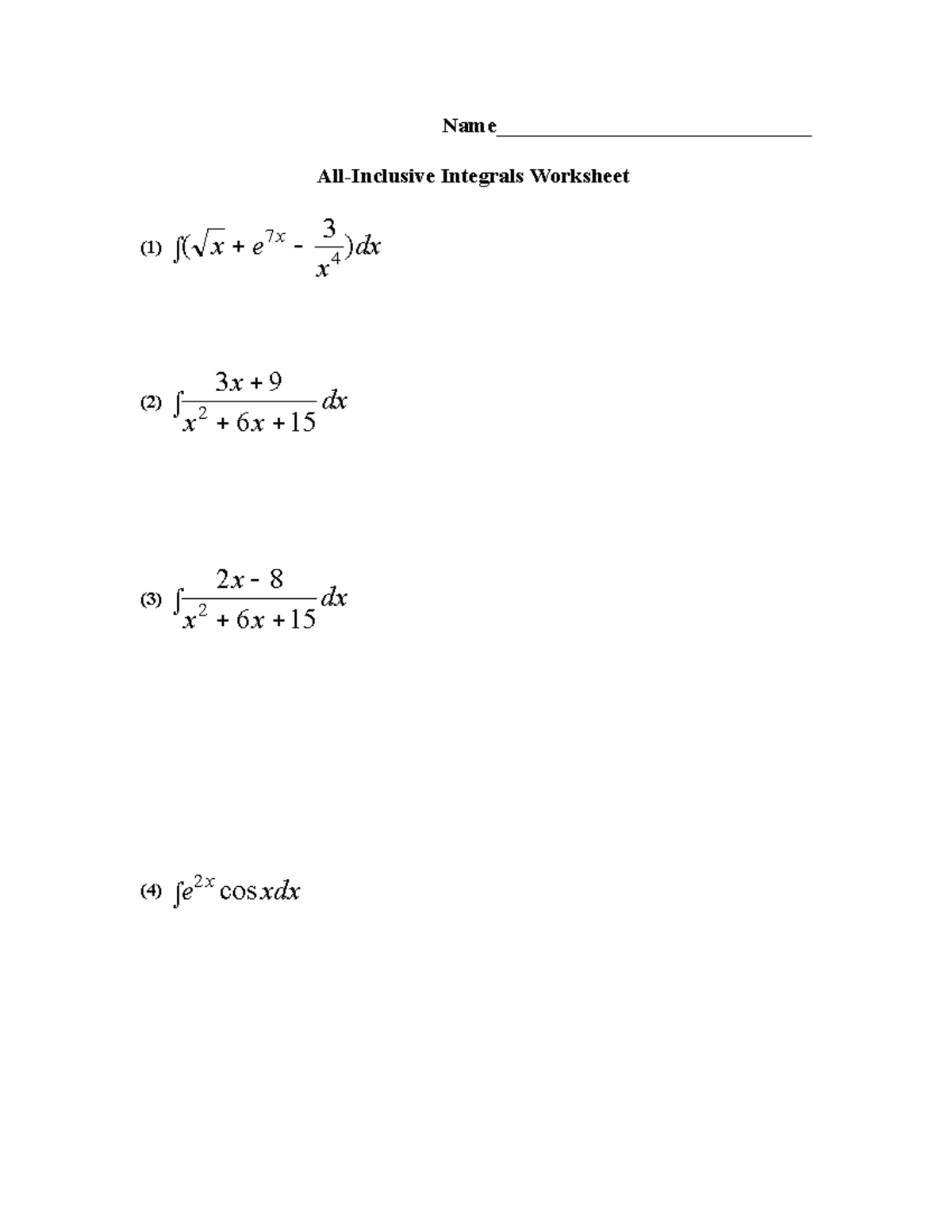 Bigintegralsworksheet - Name_____________________________ All-Inclusive ...