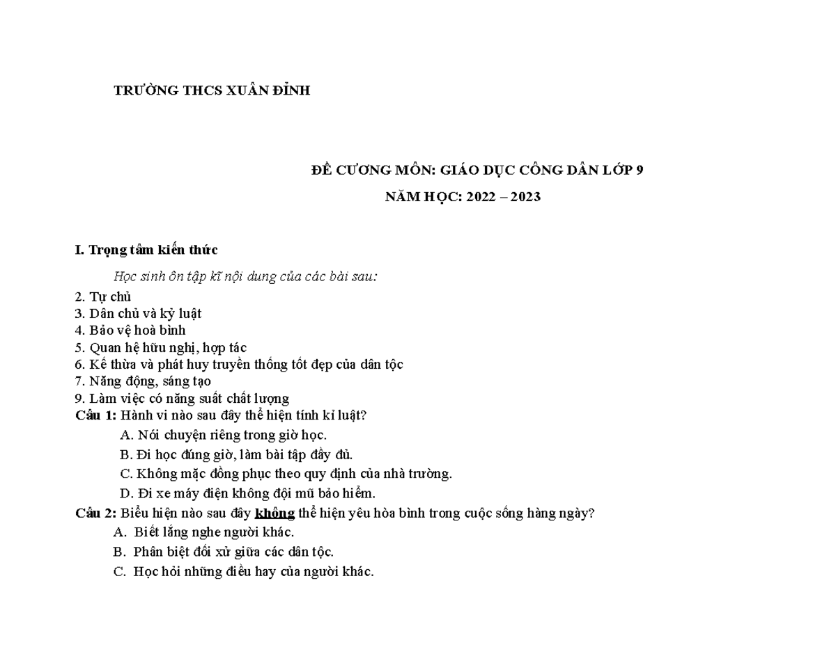 9. GDCD 9 - ND ÔN TẬP HK 1 (22-23) - TRƯỜNG THCS XUÂN ĐỈNH ĐỀ CƯƠNG MÔN ...