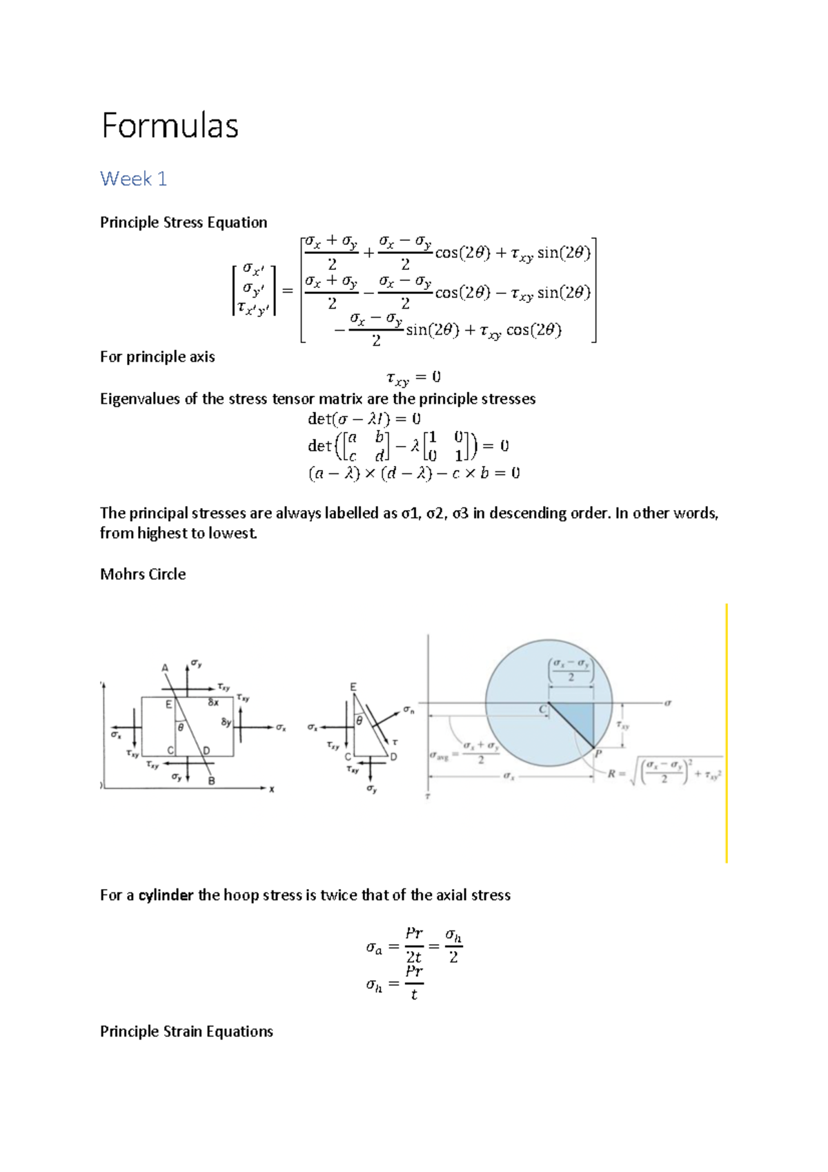 Formulas - Formulas Week 1 Principle Stress Equation ! 𝜎!! 𝜎"! 𝜏 ...