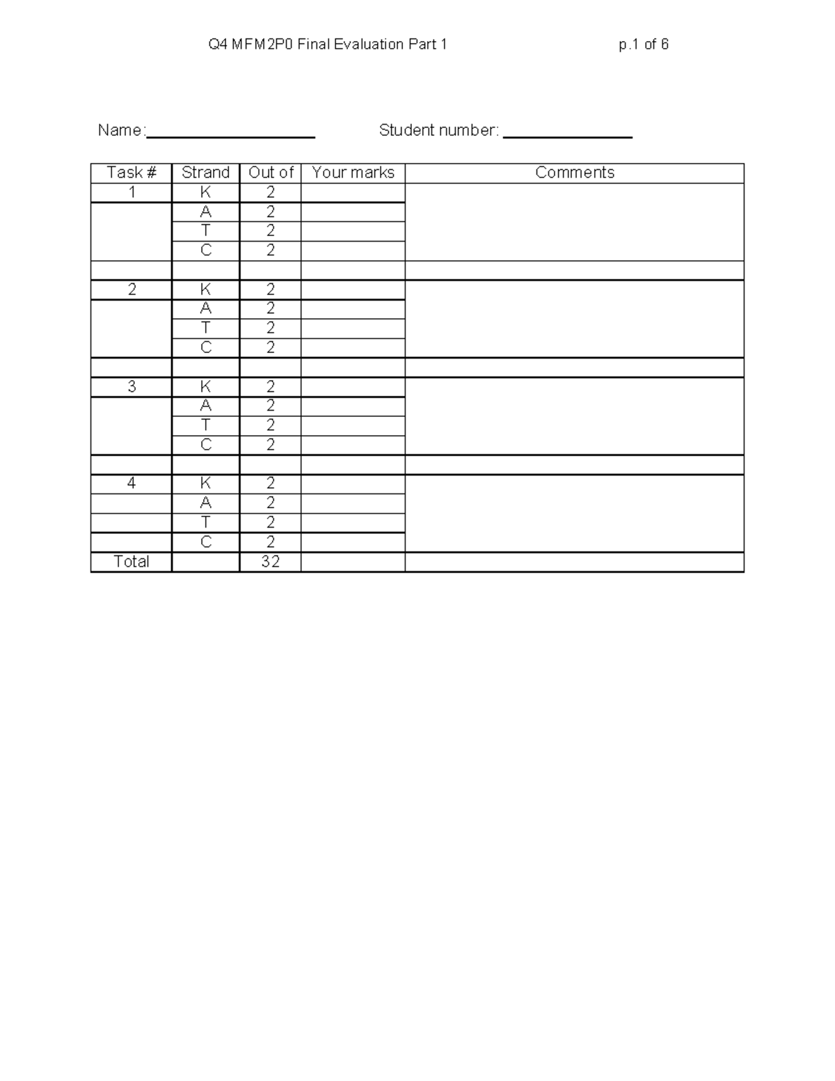 Q4 MFM2P Final Evaluation Part 1 - Name: Student number: 1 K Task ...