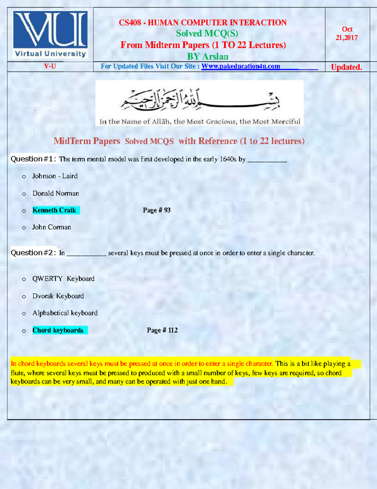 Cs408 Midterm Mcqs With Refrence Solved By Arsalan Cs408 Human Computer Interaction Solved