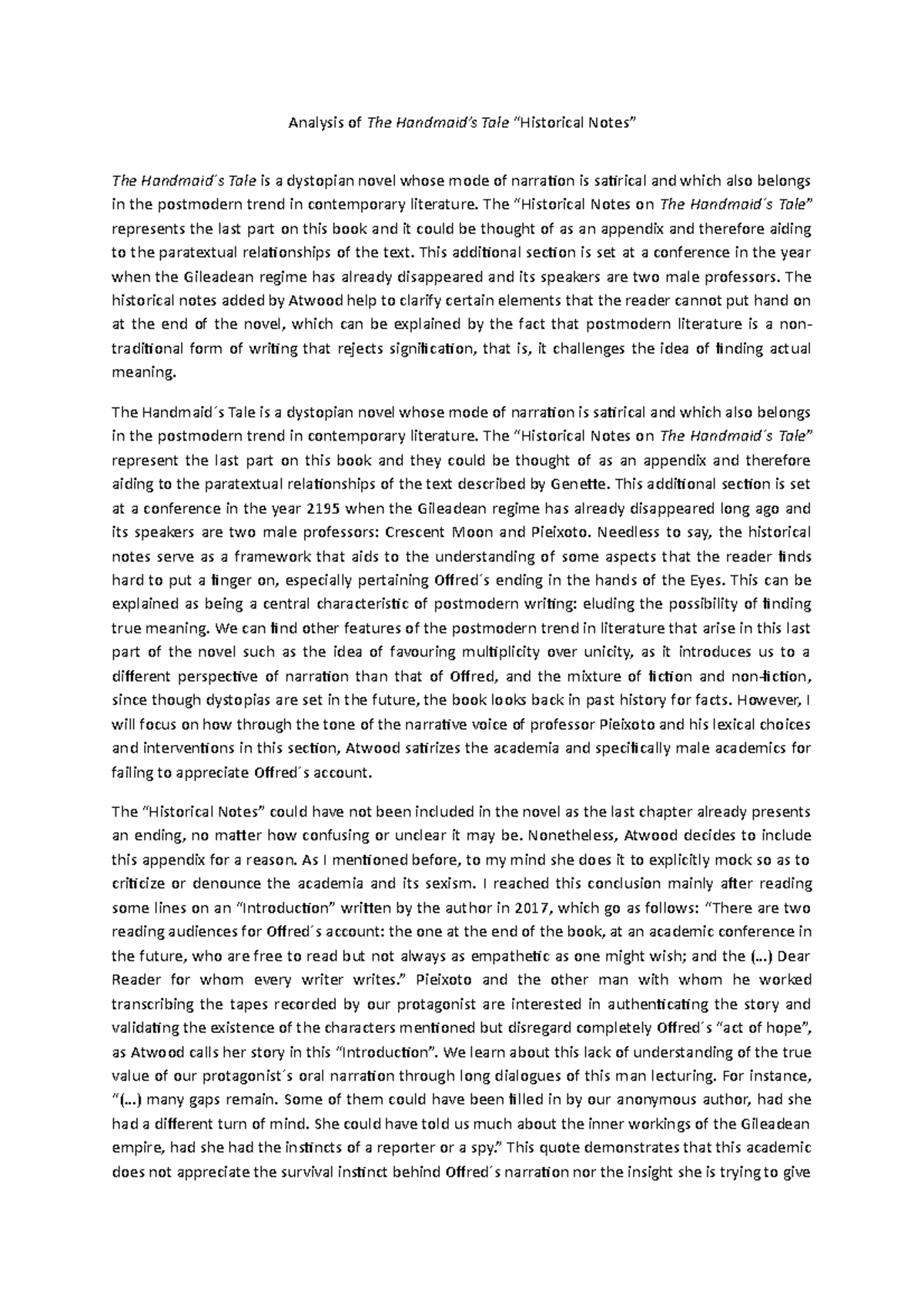 Analysis of The Handmaids Tale Historical notes - Analysis of The ...