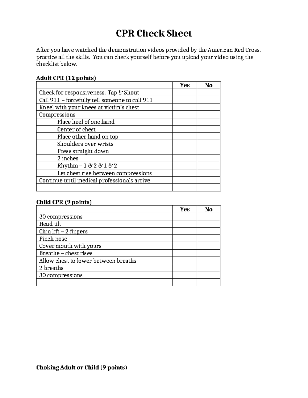 CPR Check Sheet - chart - CPR Check Sheet After you have watched the ...