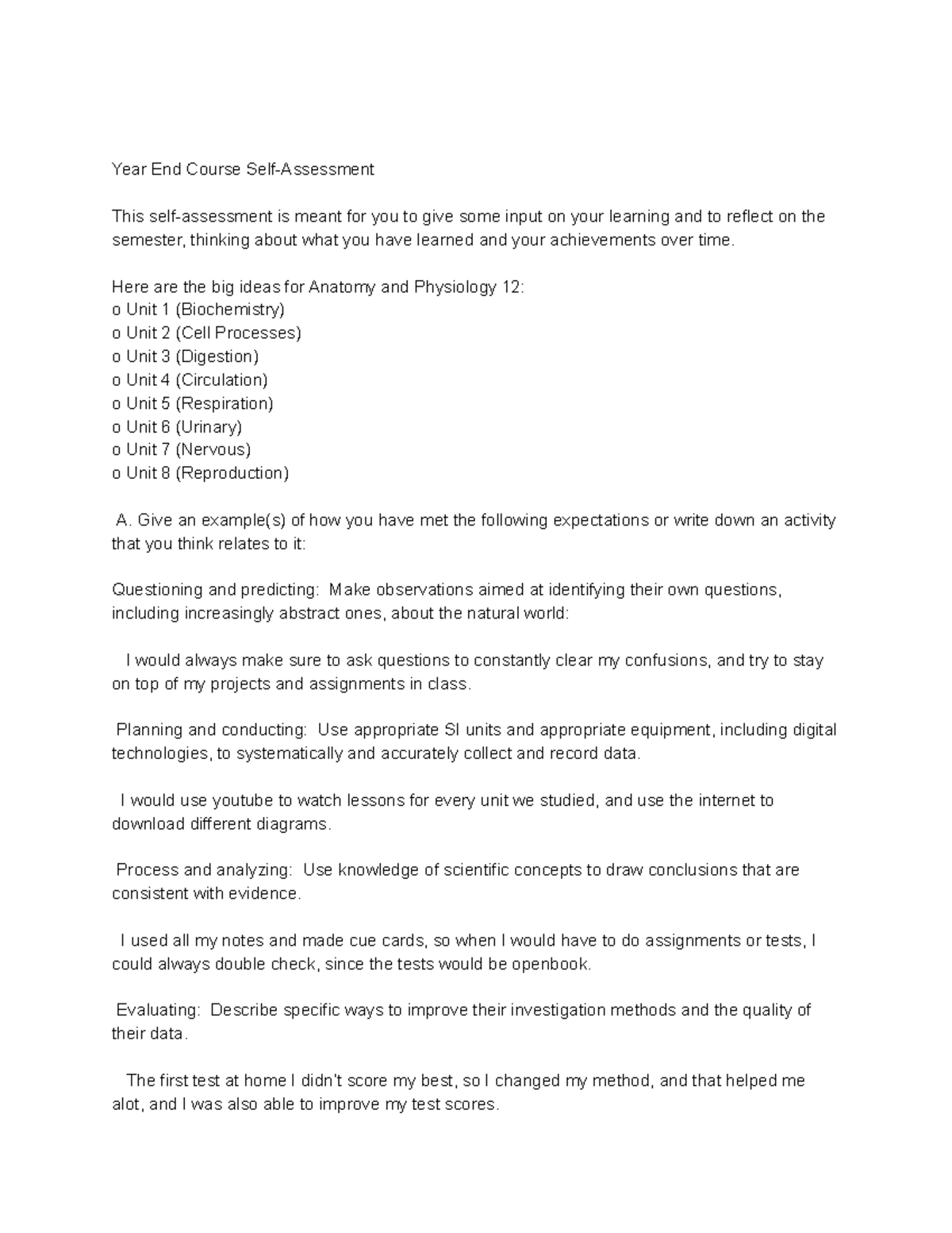 Reflection Bio 12 - Year End Course Self-Assessment This self ...