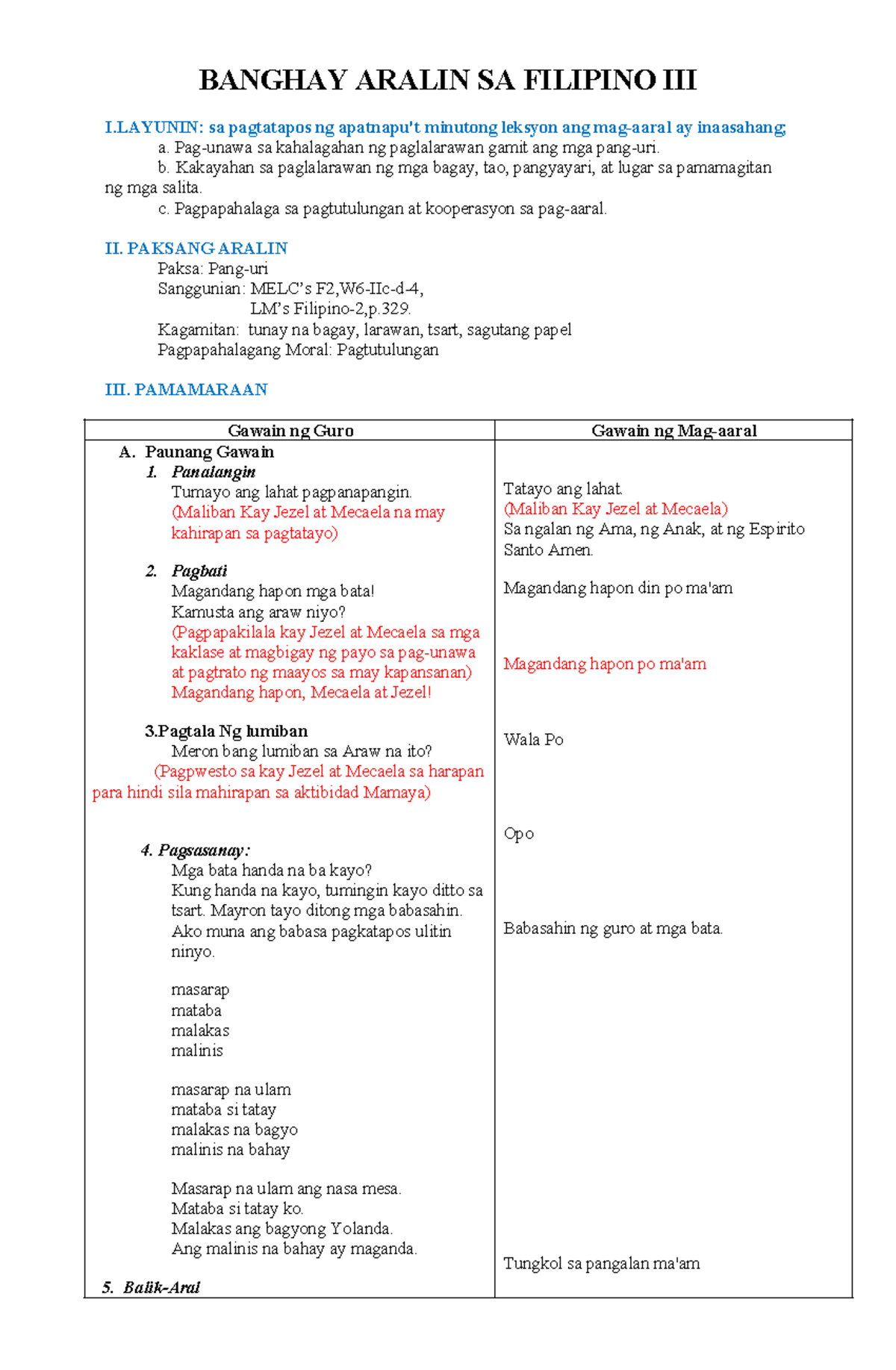 Pang-uri lesson plan - BANGHAY ARALIN SA FILIPINO III I: sa pagtatapos ...