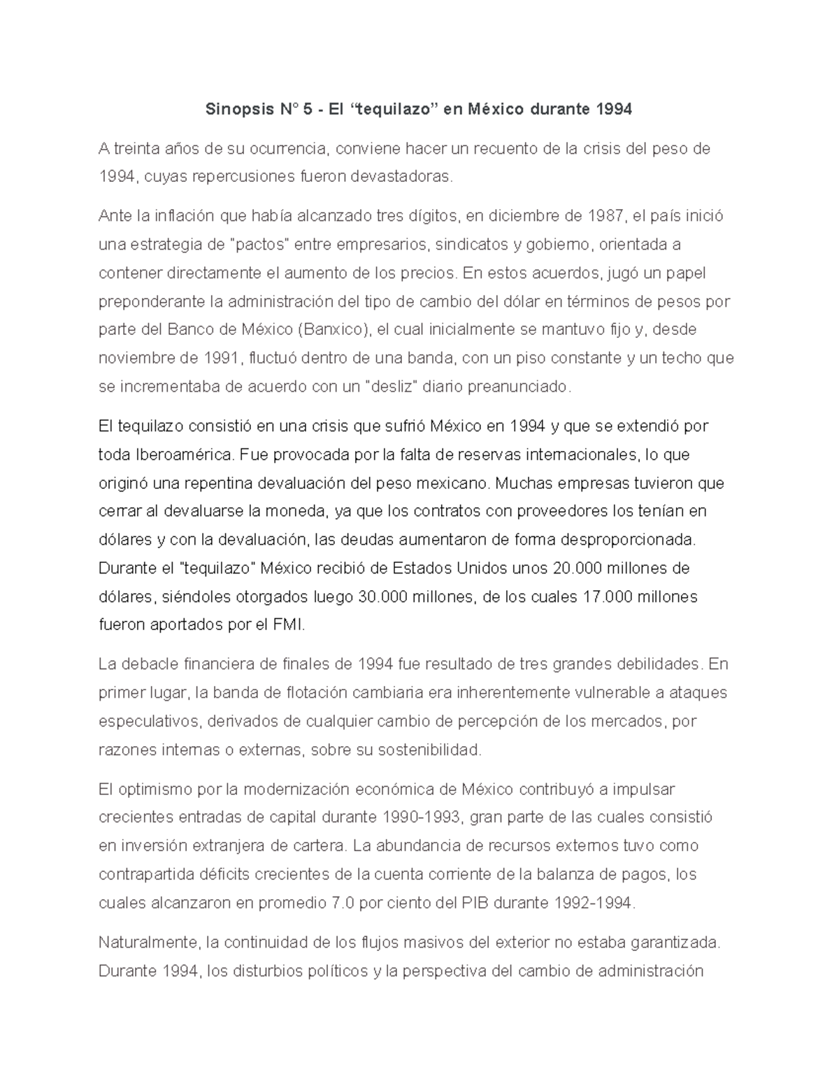 Sinopsis N°5 - El “tequilazo” en México durante 1994 - Ante la ...