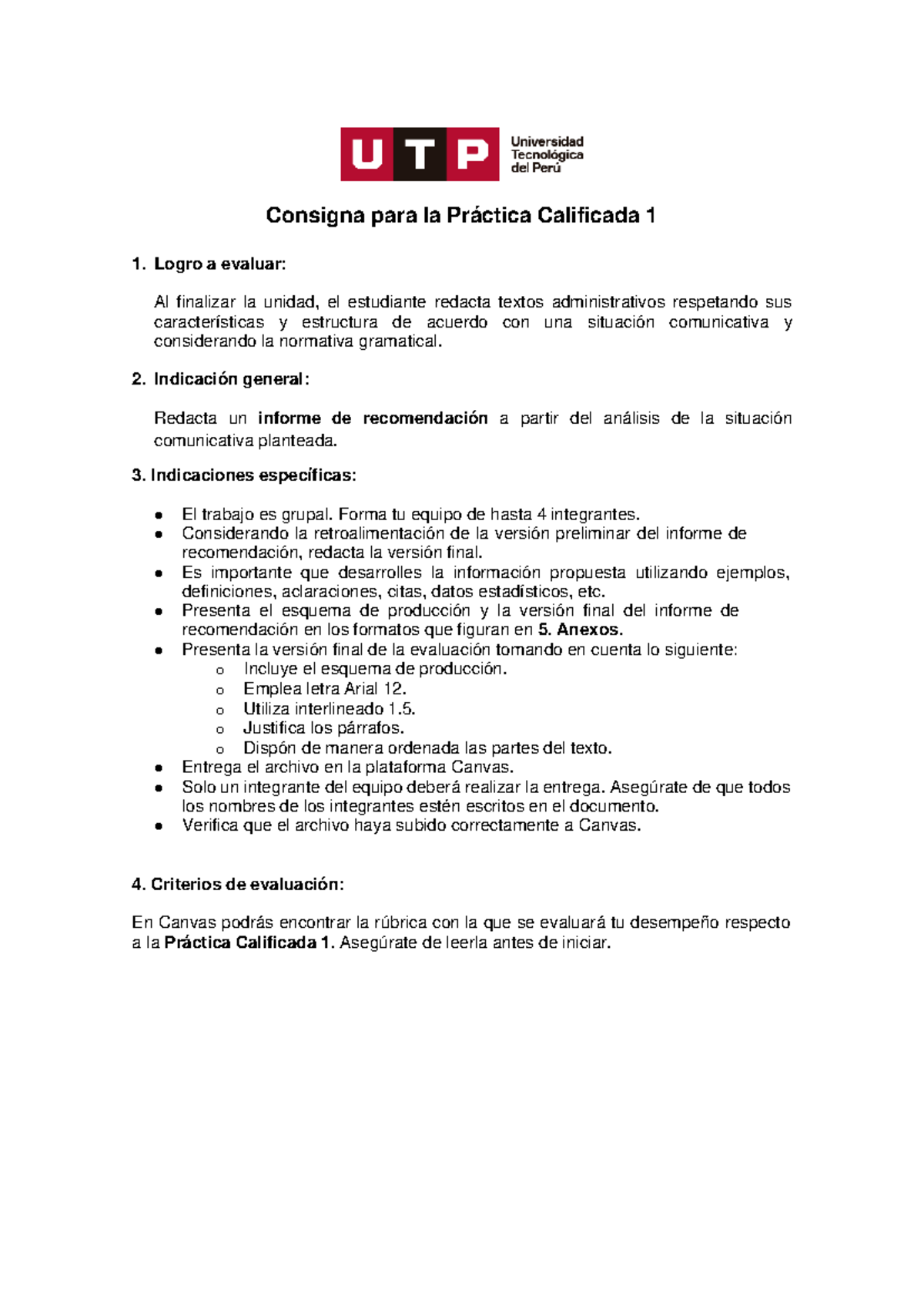 GC N04I Consigna PC 1 22C2A - Consigna para la Práctica Calificada 1 Logro a evaluar: Al ...