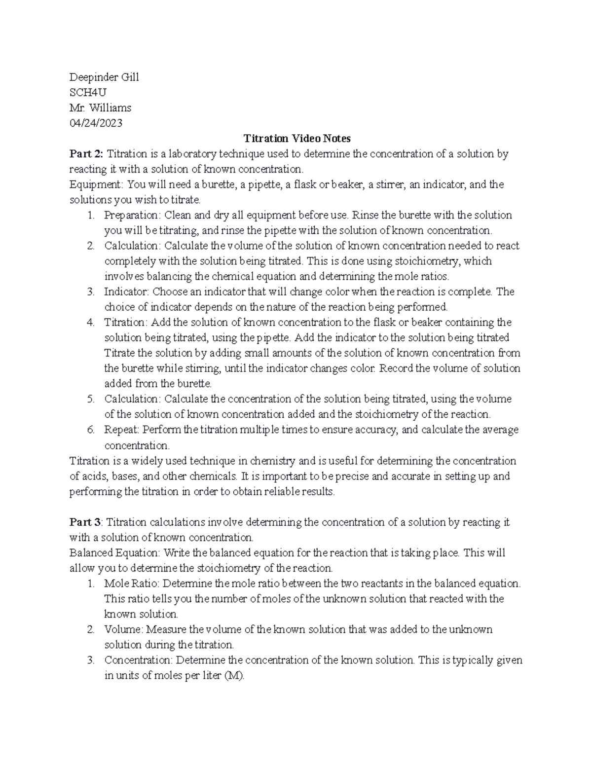 Titration Video Notes - Deepinder Gill SCH4U Mr. Williams 04/24 ...