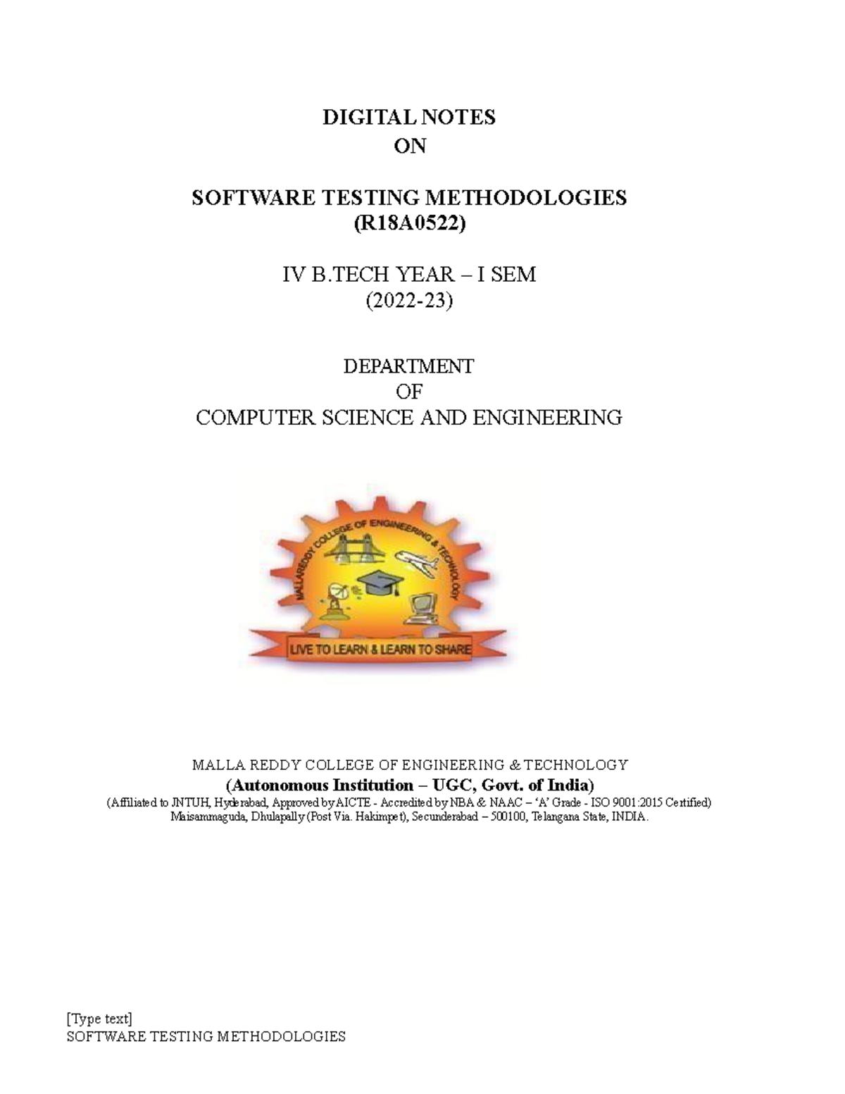 STM Digital Notes - asdadad - DIGITAL NOTES ON SOFTWARE TESTING ...