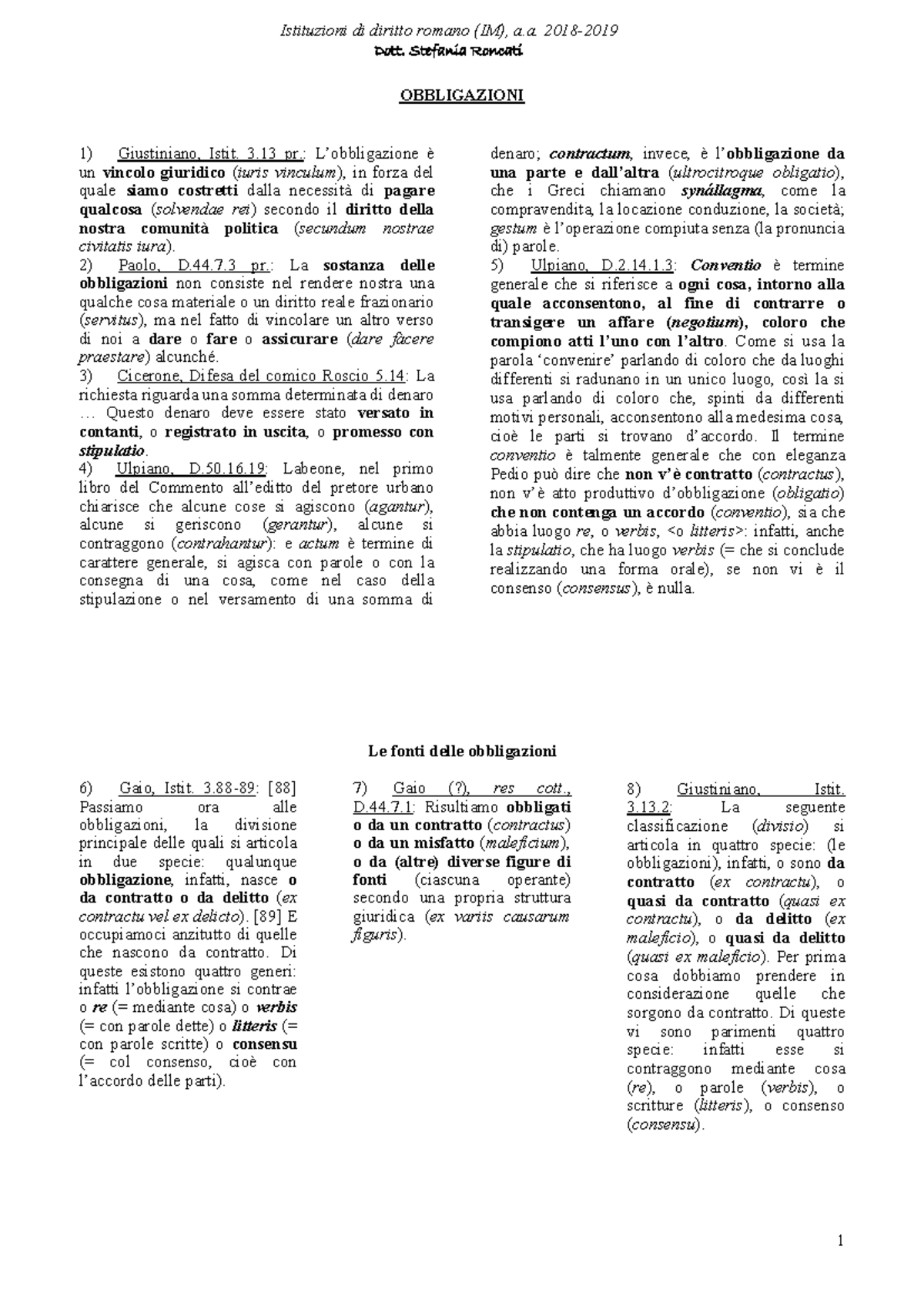 Fonti Obbligazioni IDR IM 18-19 - Istituzioni di diritto romano (IM), a ...