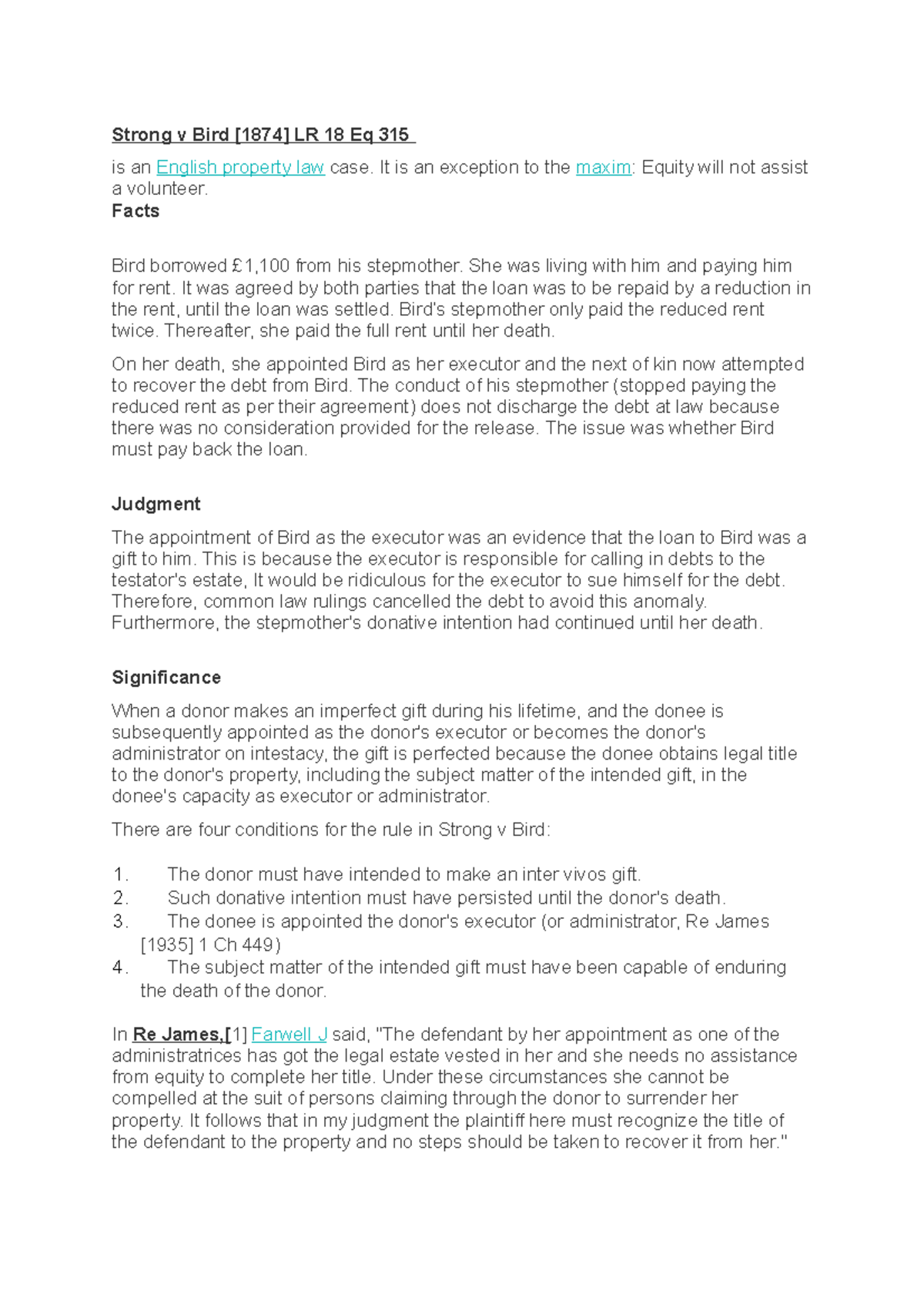 Strong v Bird - It is an exception to the maxim: Equity will not assist ...