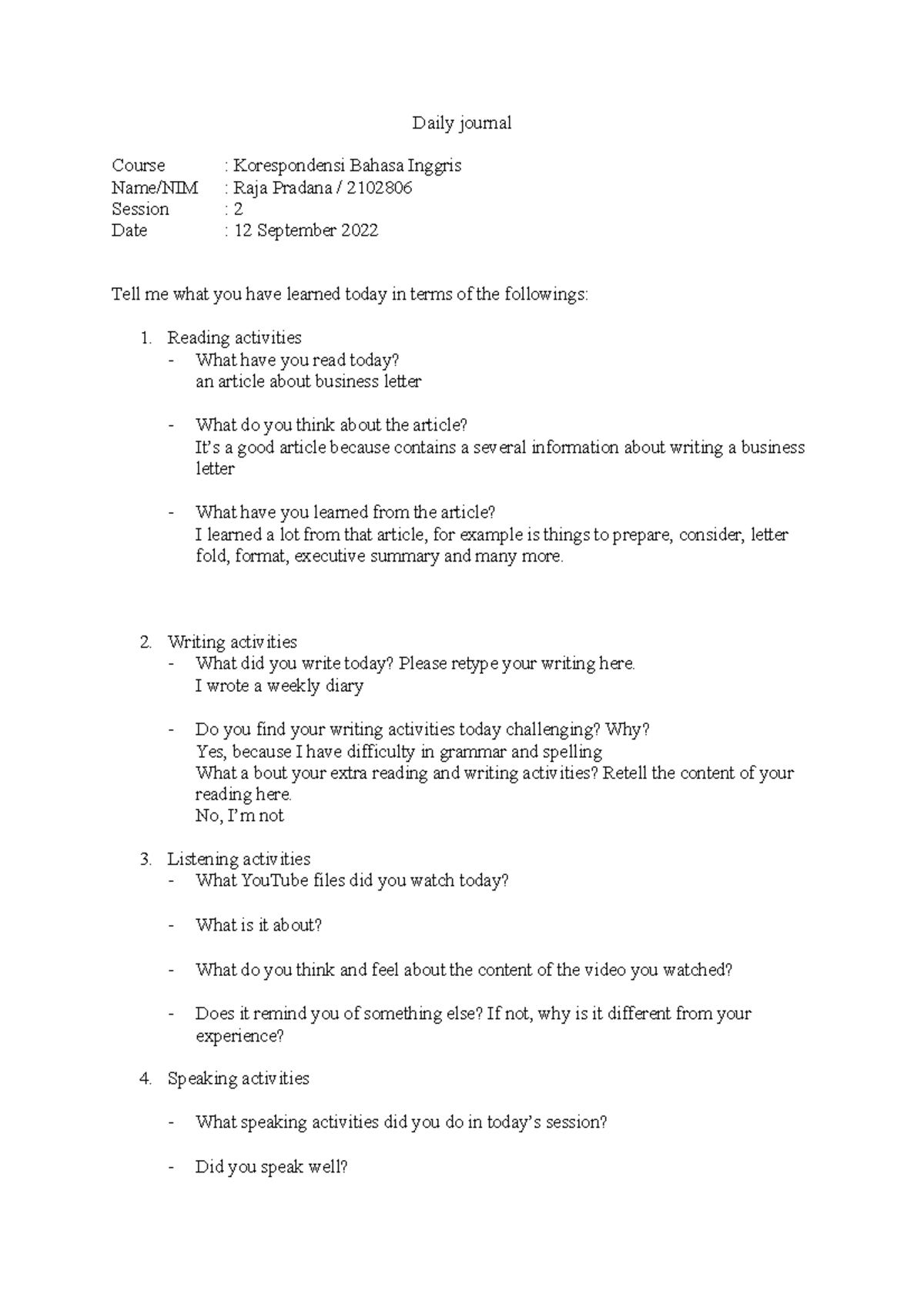 Daily journal at English Course to reflect student's understanding ...