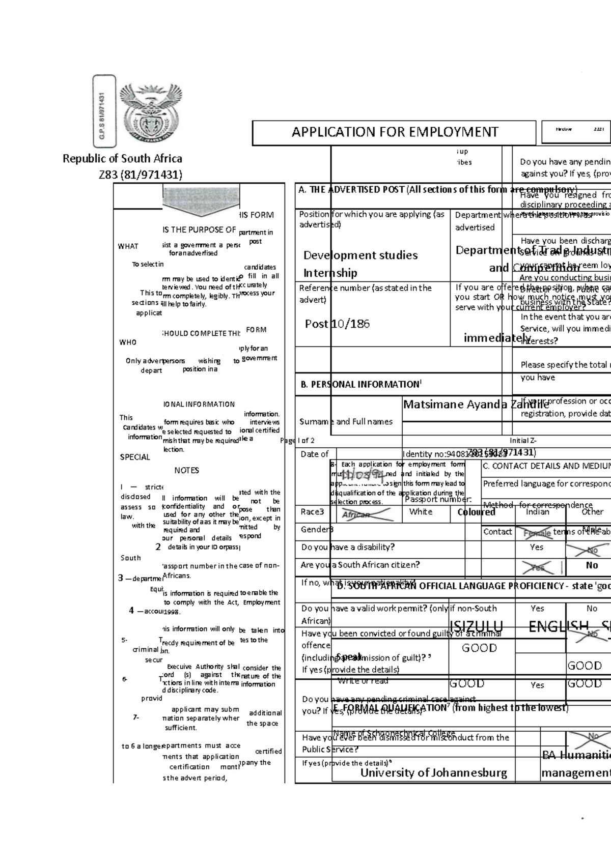 Z83 - EDUCATION - Republic of South Africa Z83 (81/971431) IS THE ...