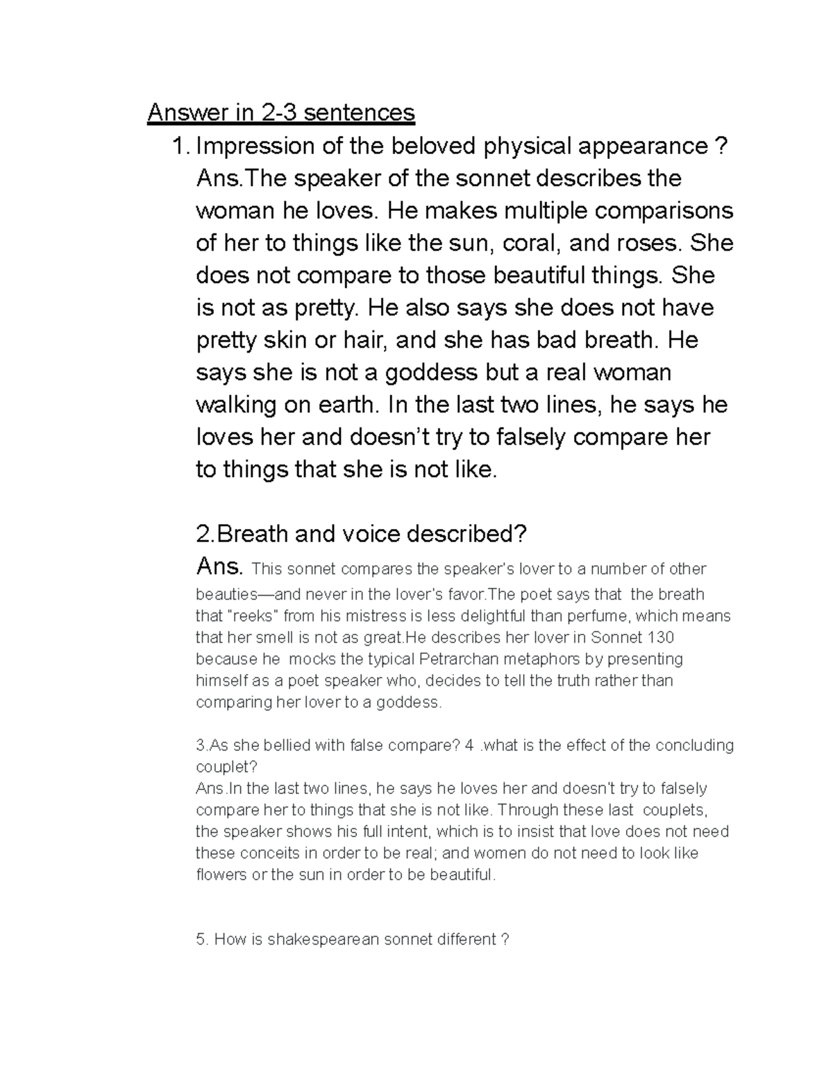 Sonnet 130 - summary of the poem - Answer in 2-3 sentences 1 ...