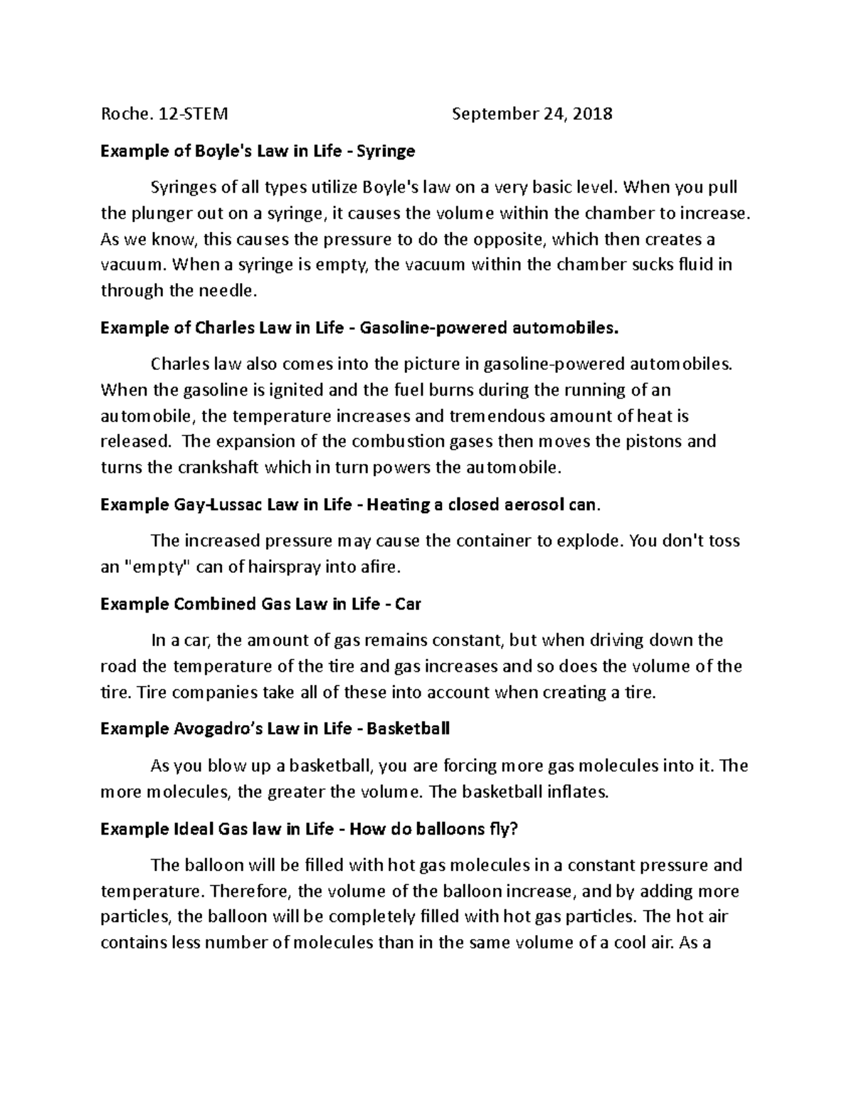 Real Life Aplication of Gas Law - Roche. 12-STEM September 24, 2018 ...