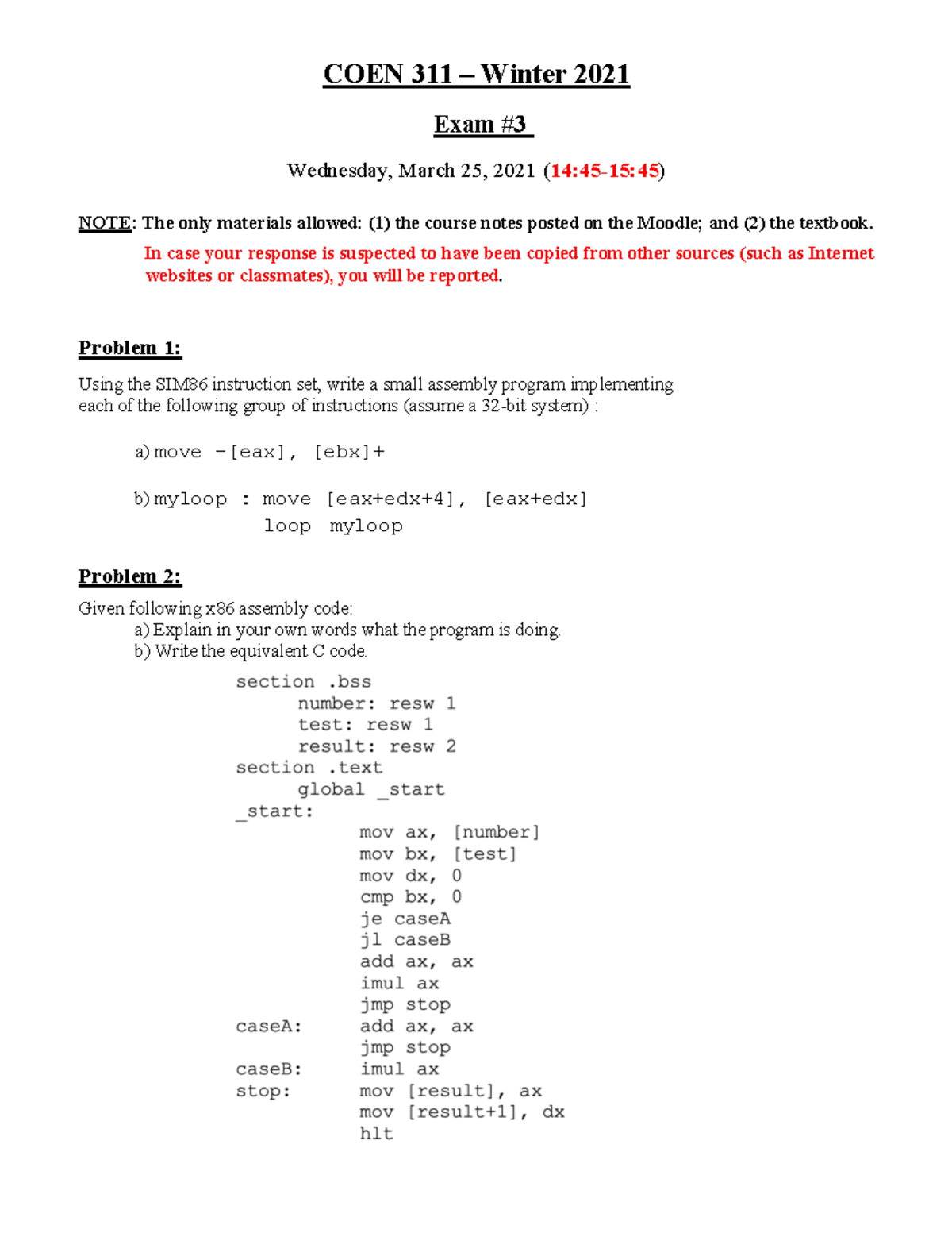 coen311- exam #3 - practical exam mand - COEN 311 – Winter 2021 Exam ...