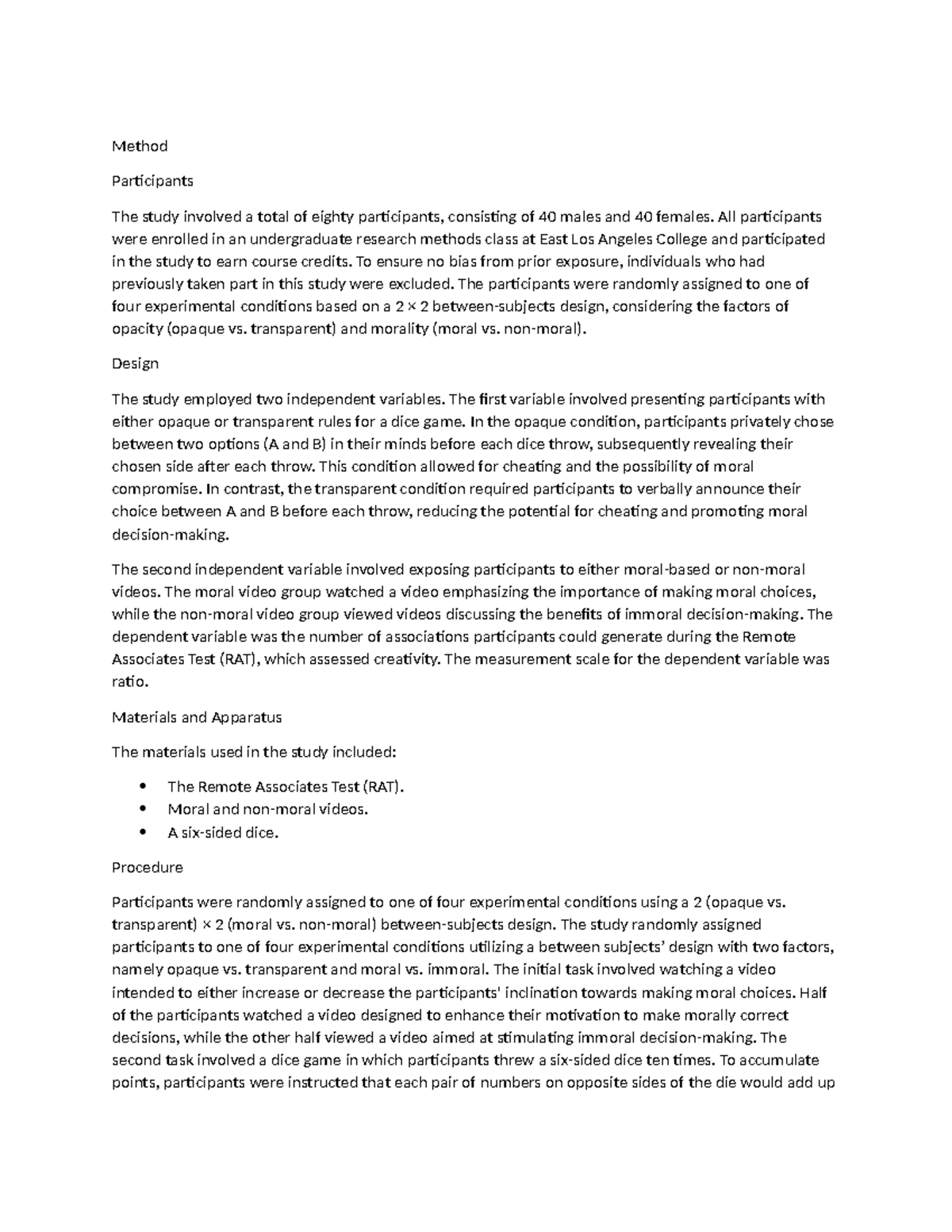 Method - gives a thorough review - Method Participants The study ...